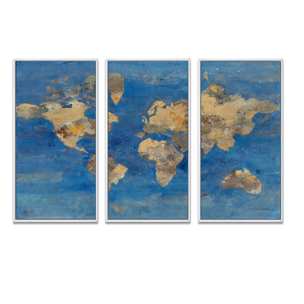 DesignArt World Map Framed On Canvas 3 Pieces Print | Wayfair