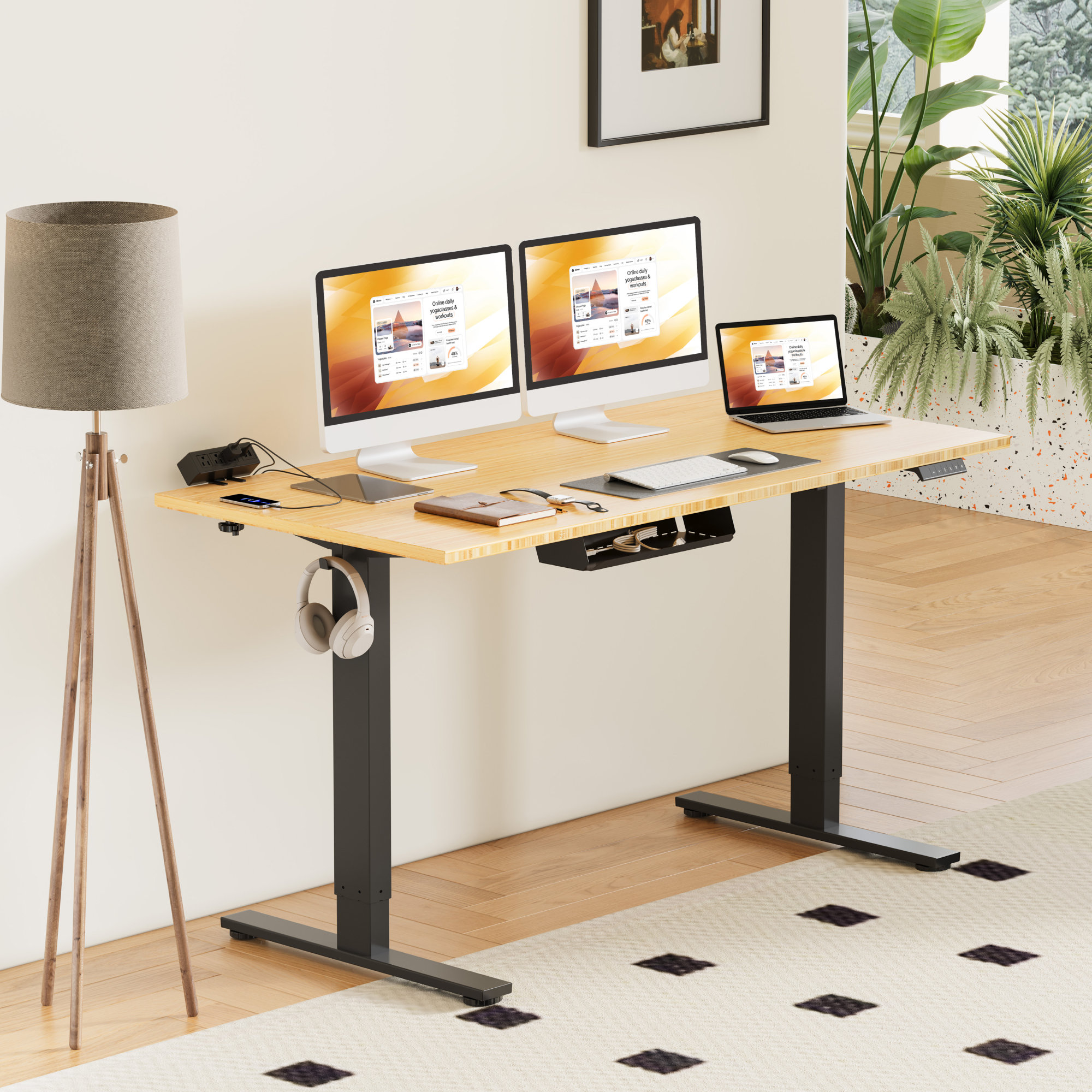 Inbox Zero Eric Height Adjustable Standing Desk, 100% Bamboo Desktop ...