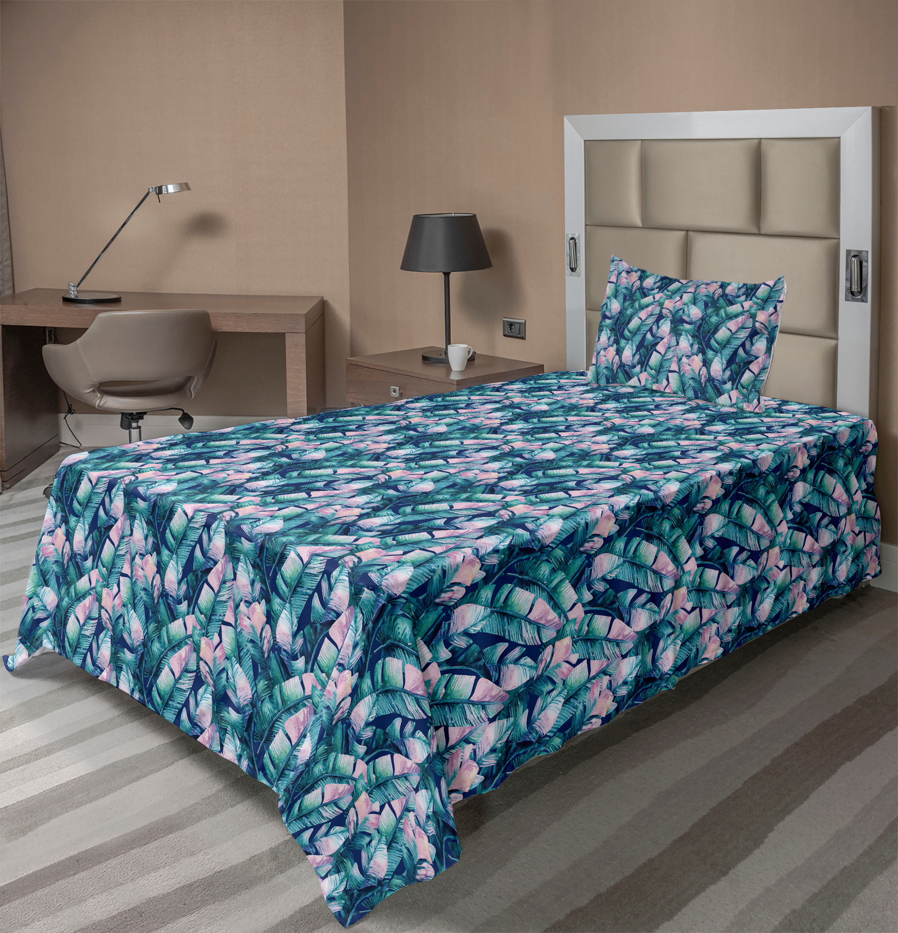 Ambesonne Tropical Sheet Set Colorful Art Banana Leaves Teal Pale Pink ...