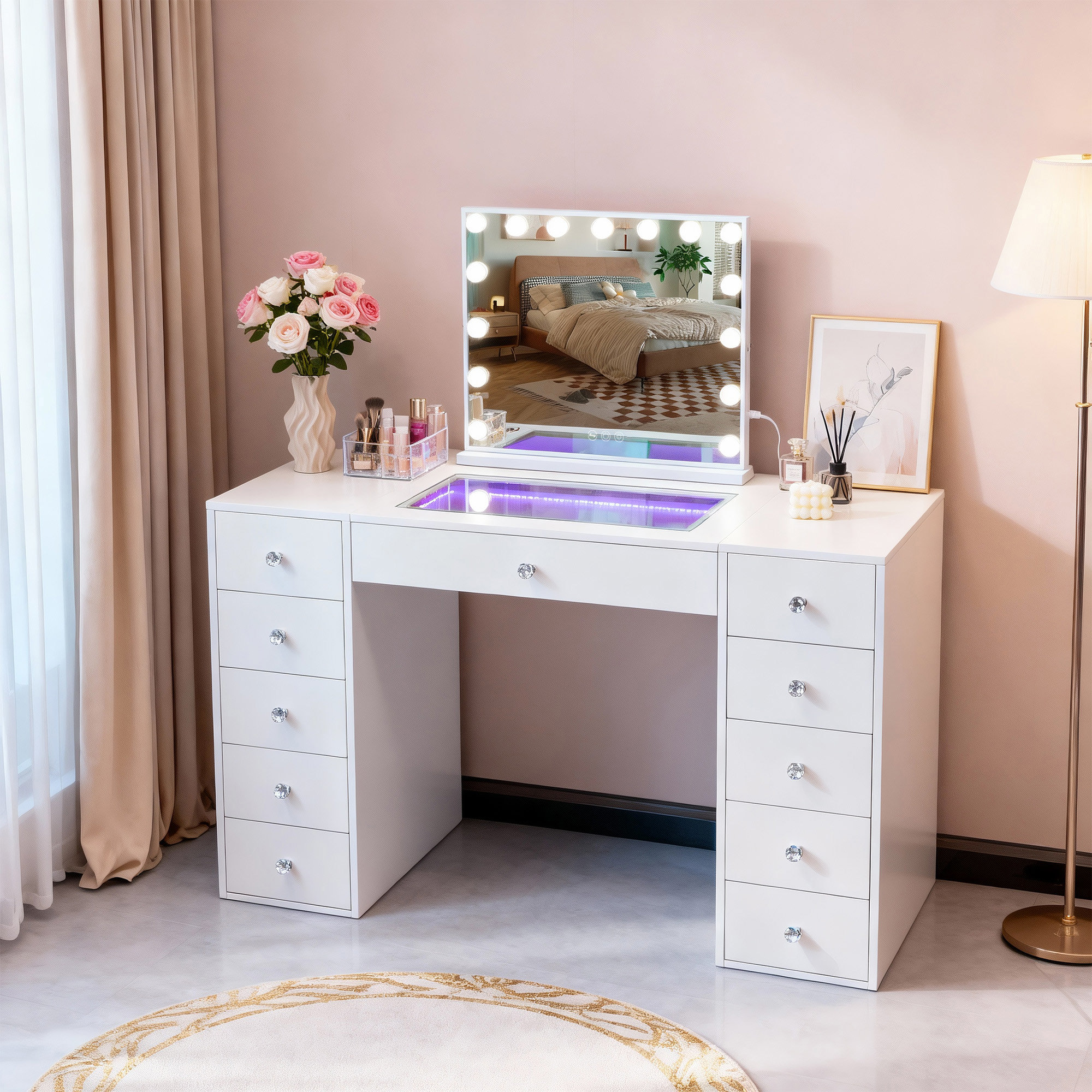 Latitude Run® Makeup Vanity Desk With Mirror Led Lights & Reviews ...