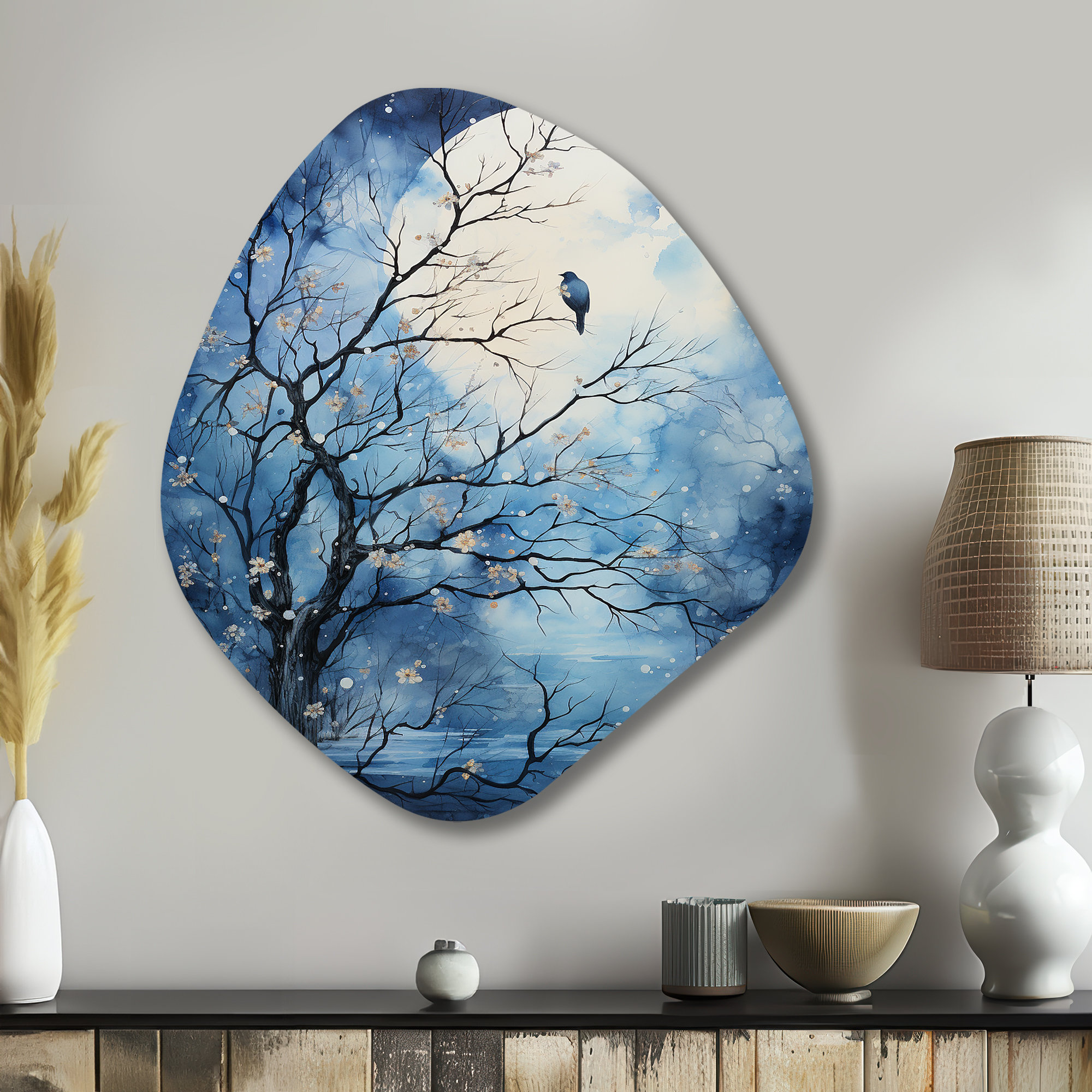 Lark Manor™ Blue White Tree Moonlit Silhouette II - Asymmetrical Trees ...