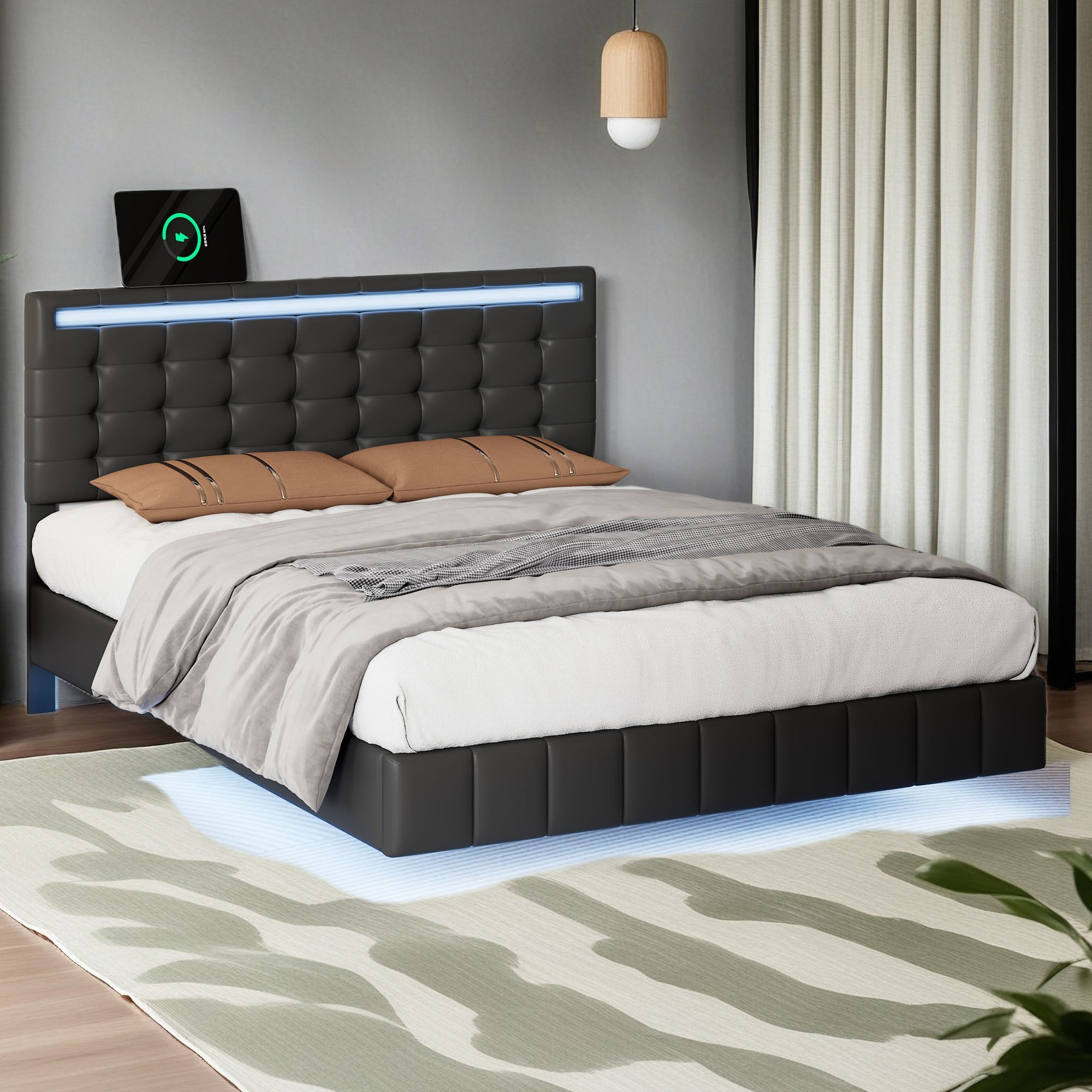 Wrought Studio™ Full Size Floating Bed Frame With LED Lights And USB ...