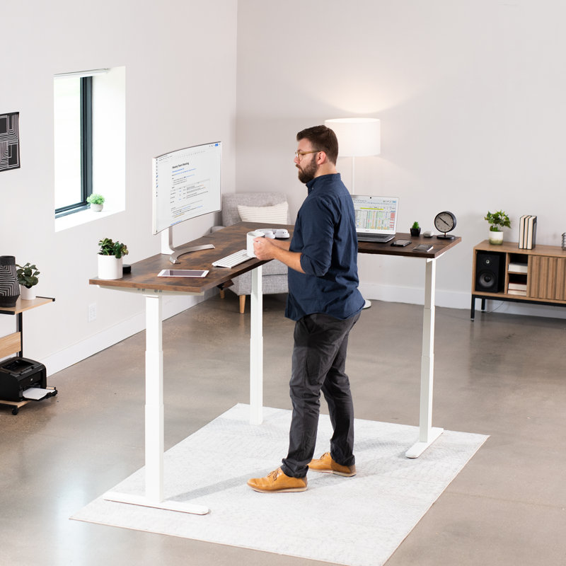VIVO White Electric Motor Height Adjustable Corner 3 Leg Standing Desk ...