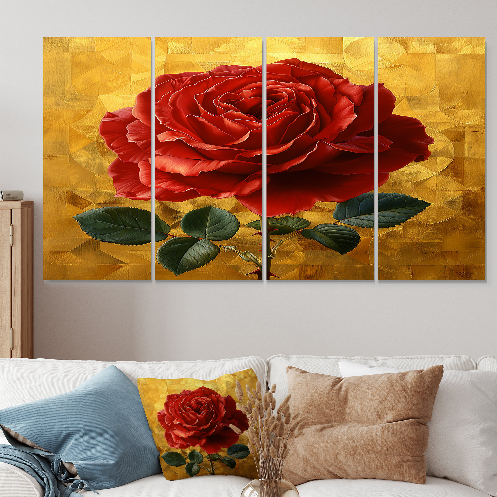 Lark Manor™ Red Rose On Vintage Gold - Rose Wall Art Set 4 Piece | Wayfair