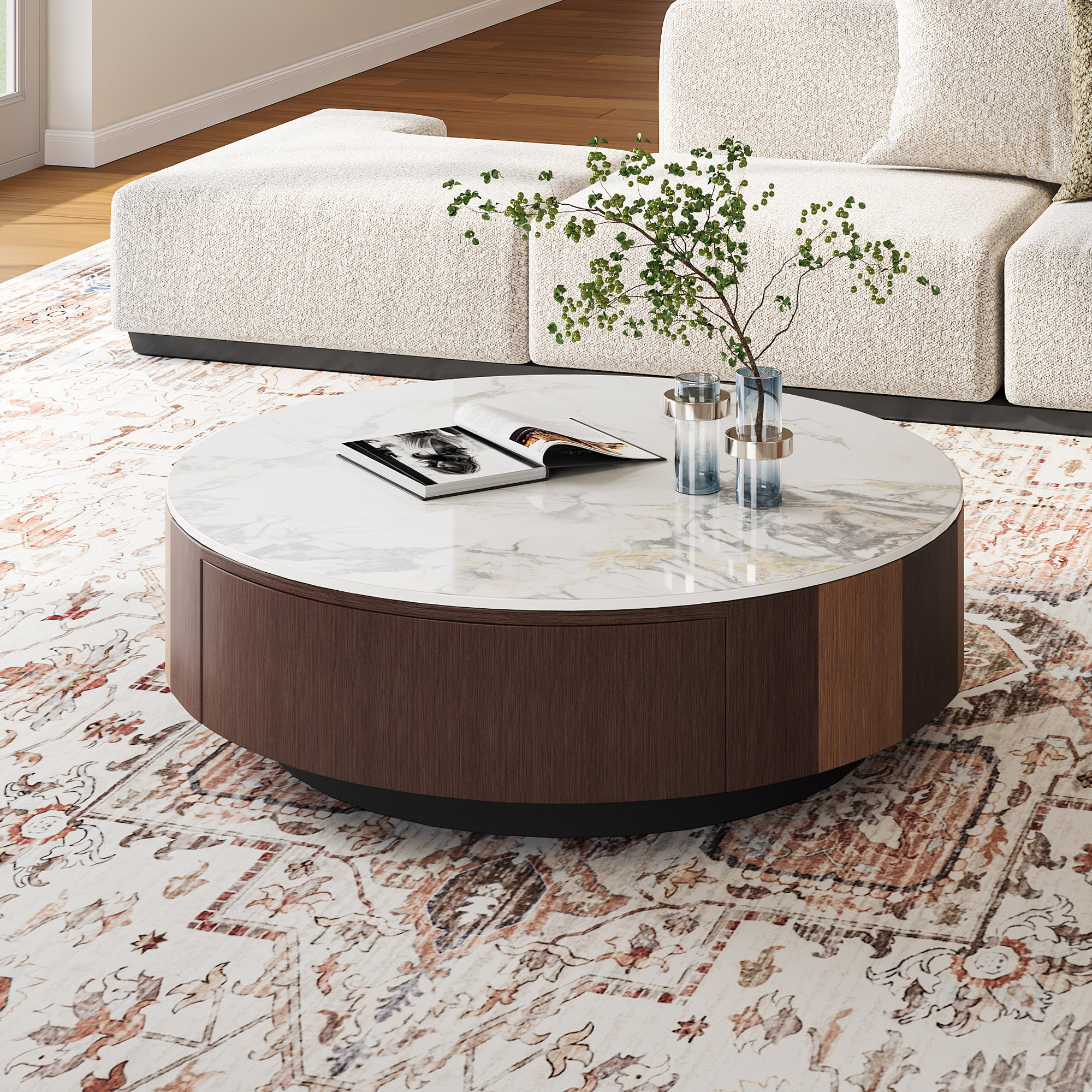 Hocuspicus 35.5" Modern Round Coffee Table, Glossy White Sintered Stone ...