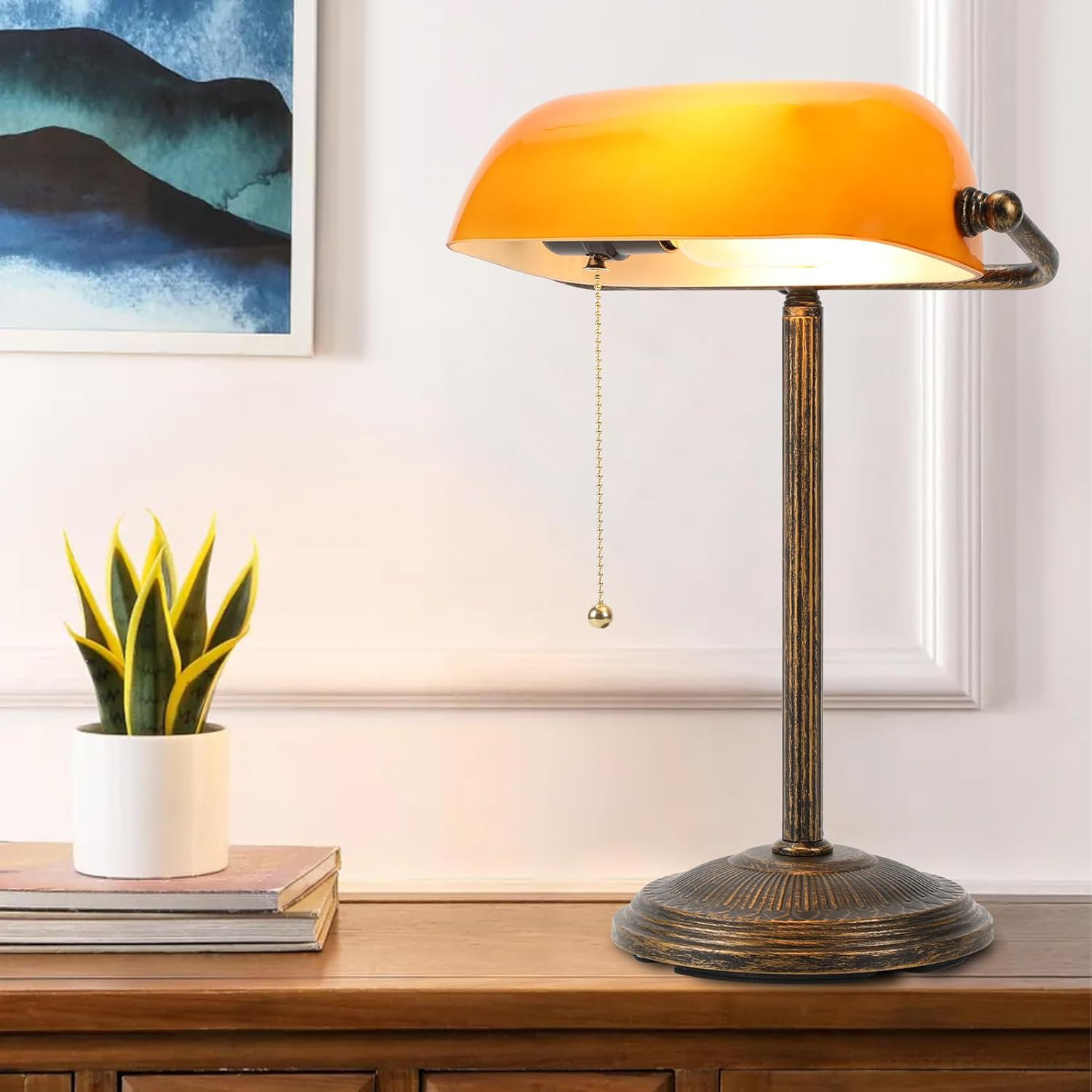 Lark Manor™ Bankers Desk Lamp With Amber Glass Shade, Vintage Pull ...