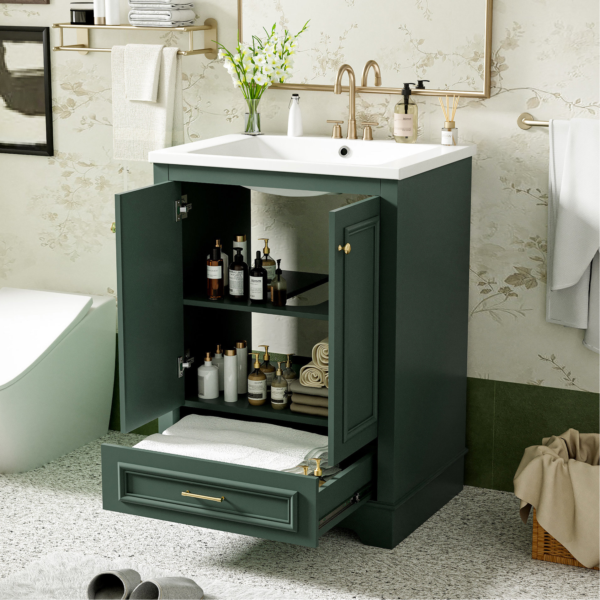 Latitude Run® Modern Bathroom Cabinet With 24" Ceramic Basin ...
