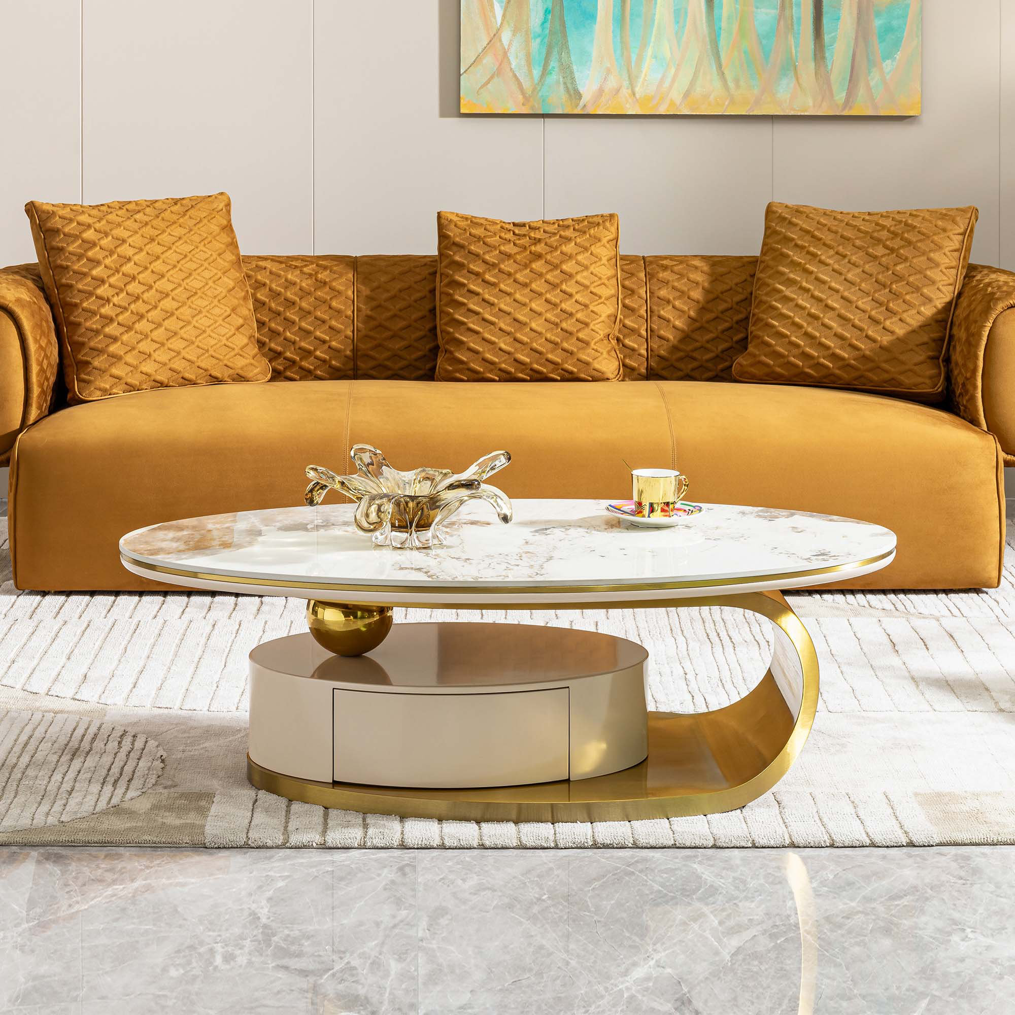 GRILLO HOME Sintered Stone Coffee Table With 2 Drawers,Matt Gold ...