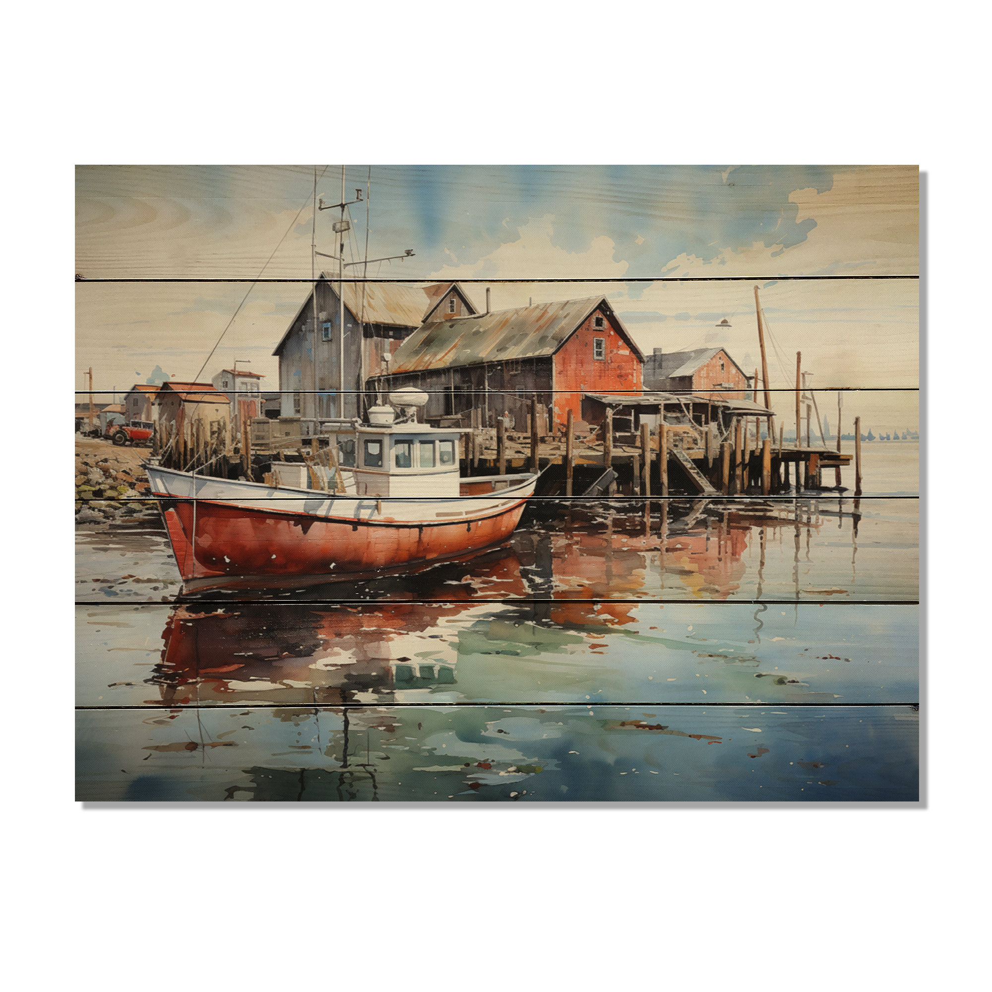 Longshore Tides Port Portside Reflection Pointillism I On Wood Print ...