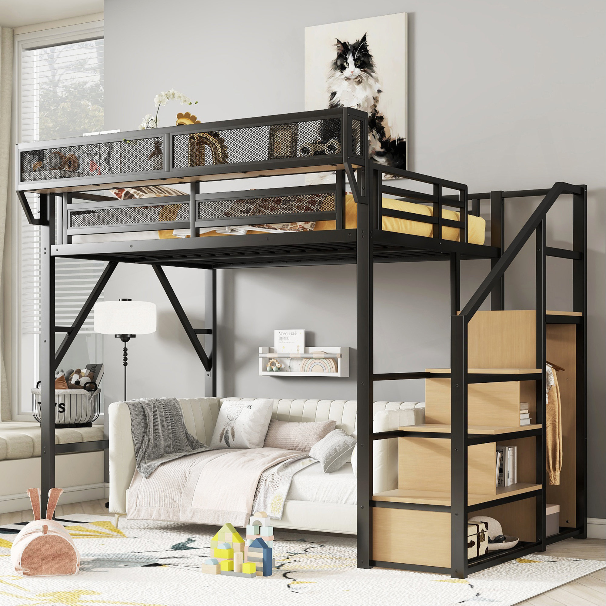 17 Stories Full Size Loft Bed With Stairs, Metal Full Loft Bed With ...