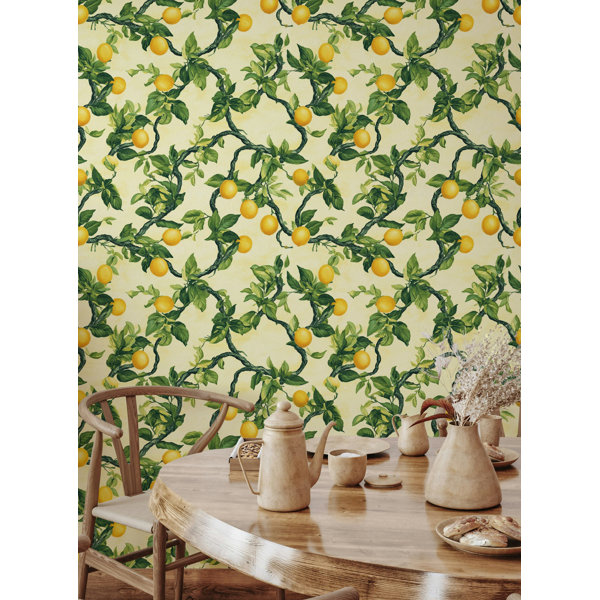 Charlton Home® Lemon Tree Branch Pattern Wallpaper Bright Botanical ...