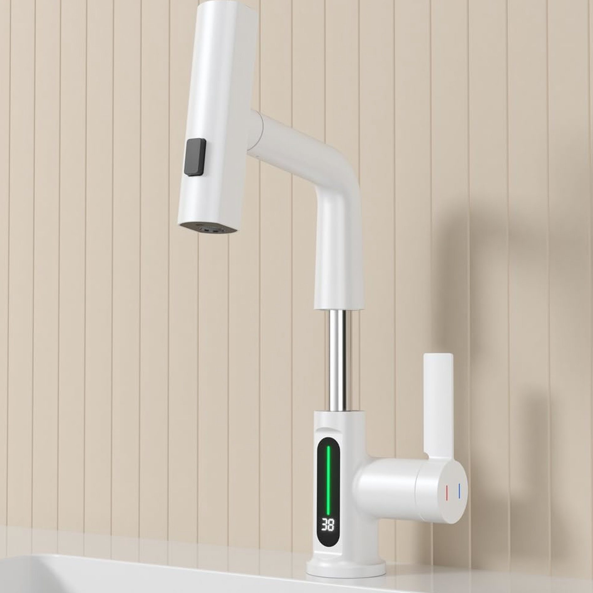 PlywoodPath White Bathroom Basin Faucet Featuring Pull-Out Lift & Led ...