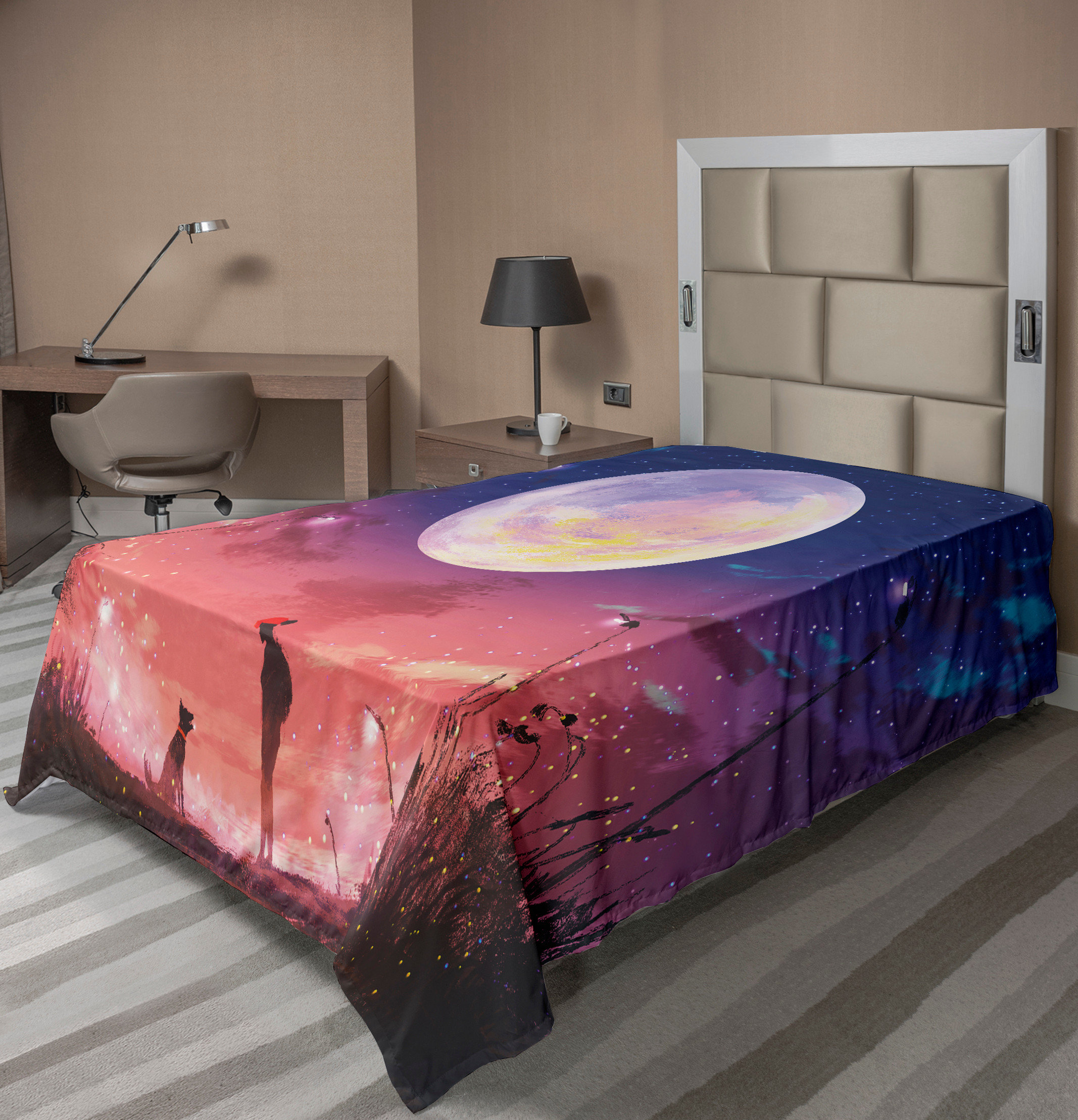 Ambesonne Fantasy Top Flat Sheet Dog Under Huge Moon Navy Coral | Wayfair