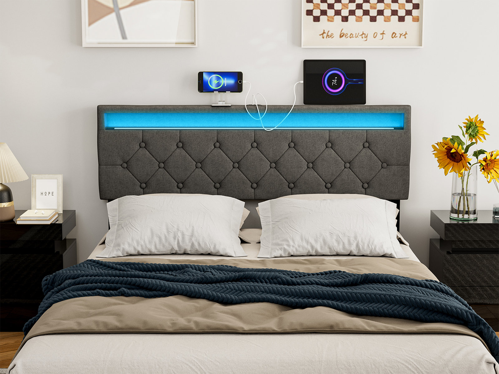Brayden Studio Bertwald Upholstered Headboard With 2 Usb Ports & Led ...