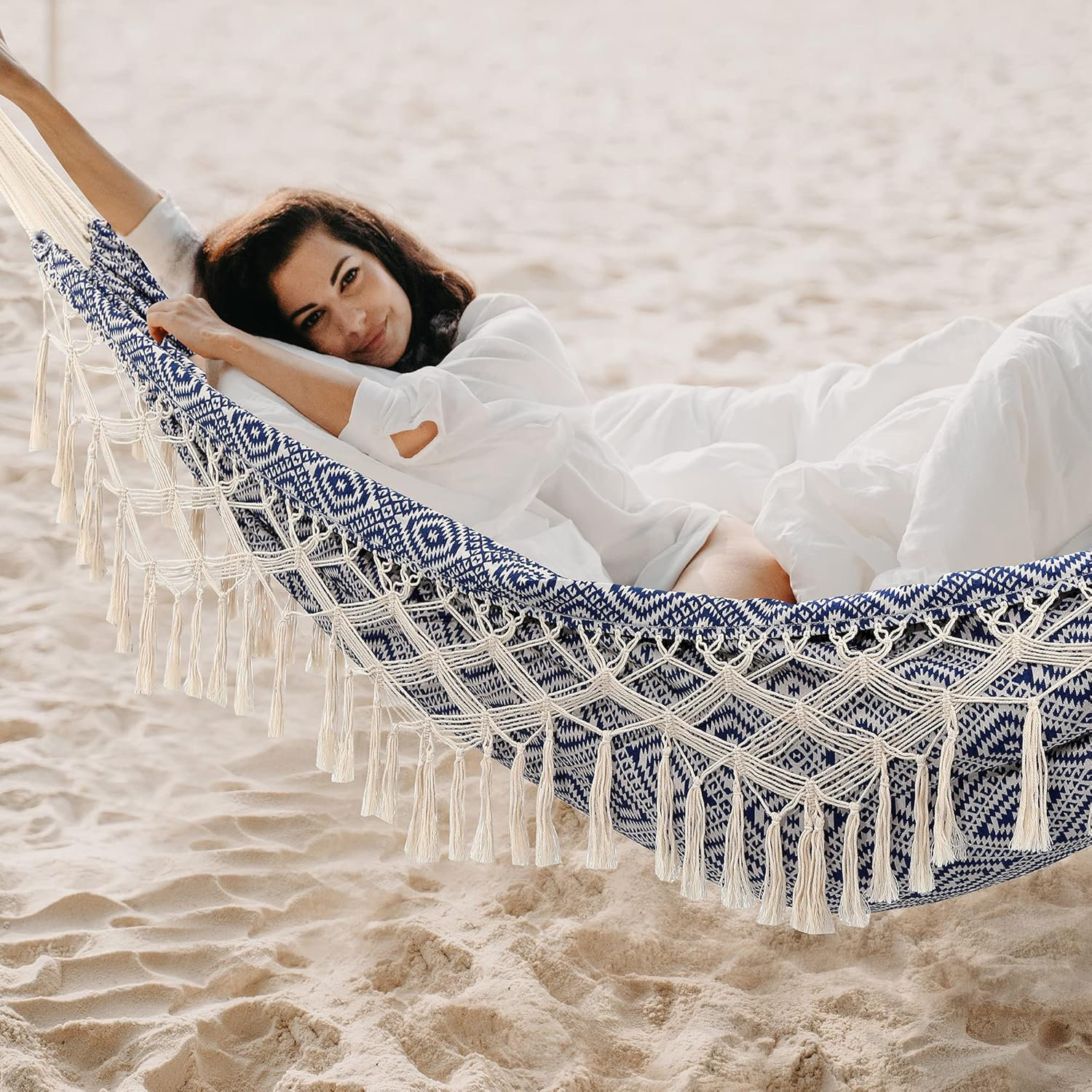 Arlmont & Co. Indoor Hammock with Macrame Fringe for 2 Persons,Double ...