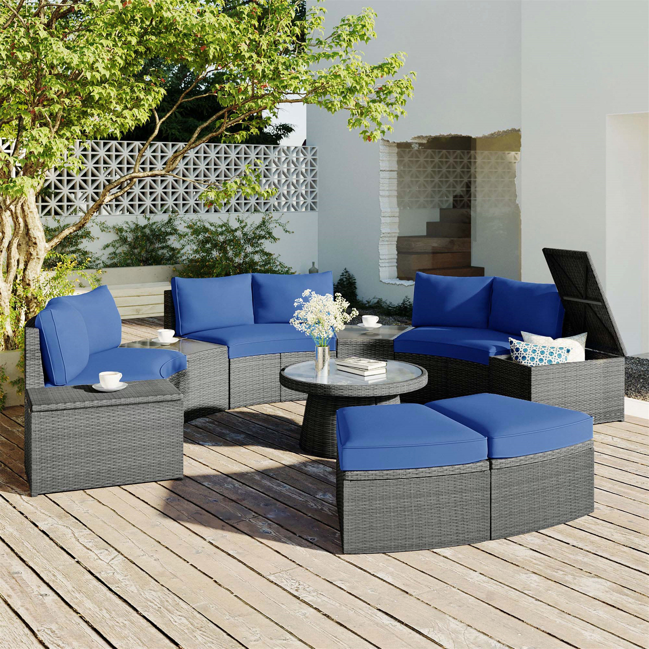 Latitude Run® Outdoor Half Round Rattan Sofa Set with Sturdy Frame and ...