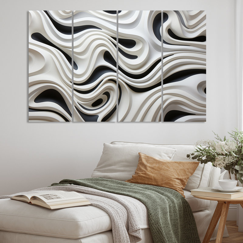 Ivy Bronx Black White Opt Art Optical Symphony I On Canvas 4 Pieces ...