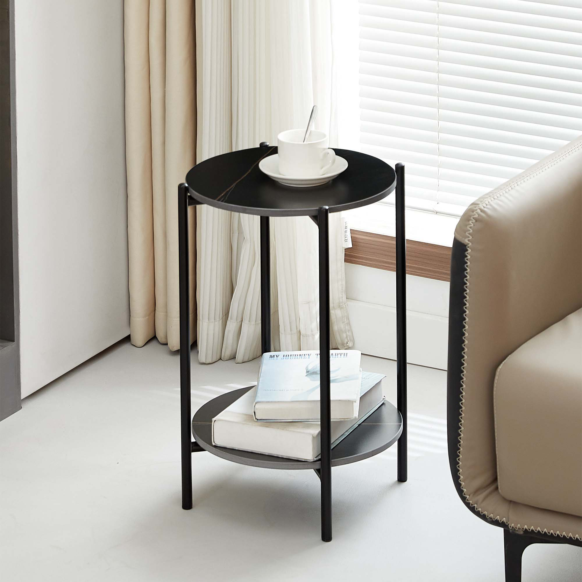 Mercer41 2-Layer End Table With Whole Marble Tabletop, Round Coffee ...