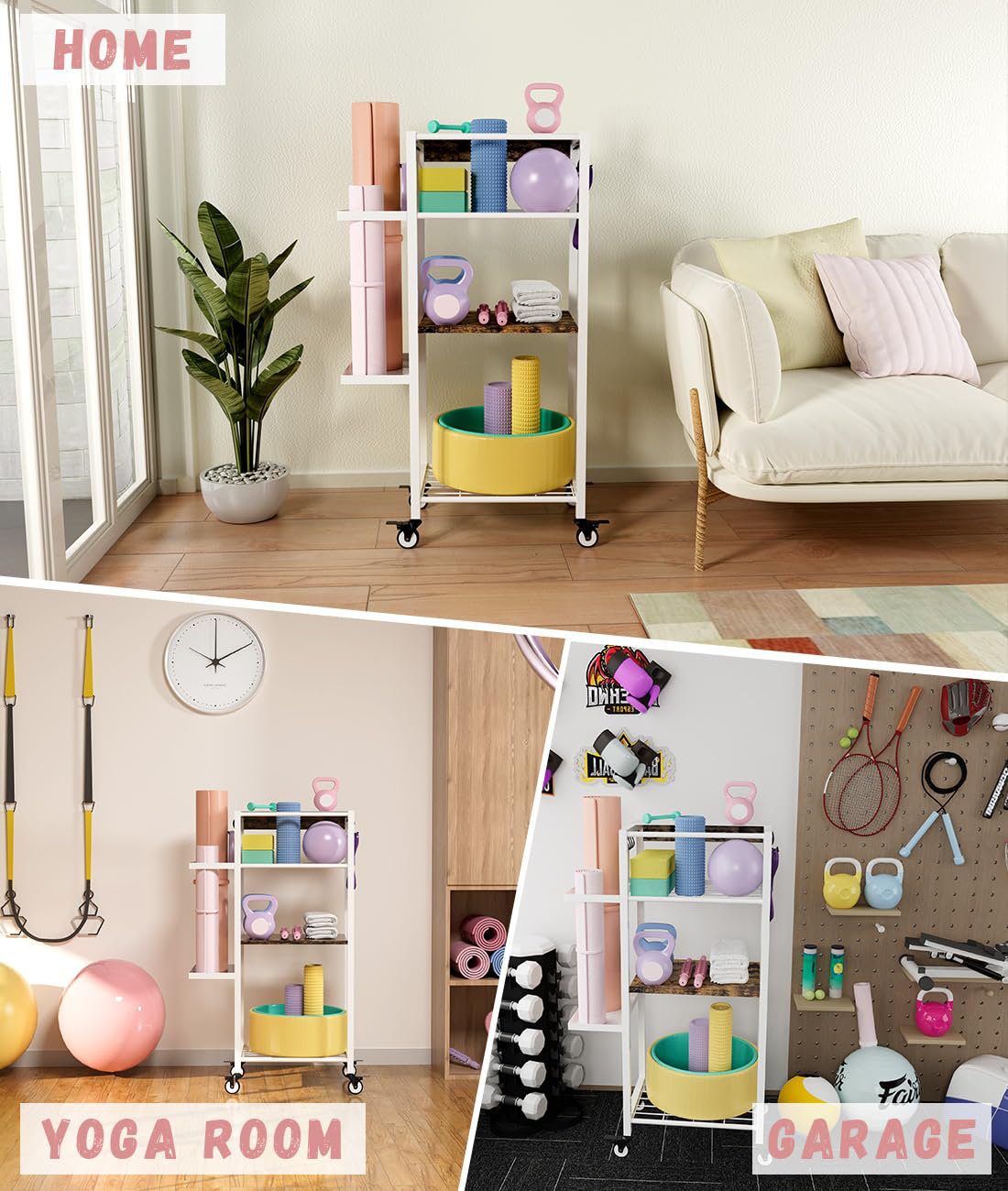 17 Stories Yoga Mat Storage Rack With Wheels, 3 Tier Home Gym Workout ...