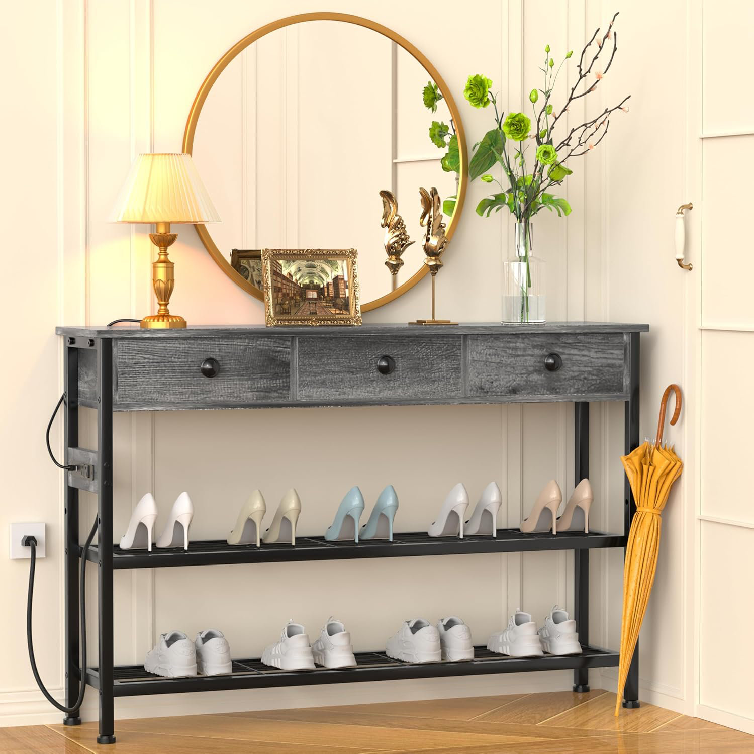 Orren Ellis Table With Outlets: Console Table With 3 Wood Drawers And ...