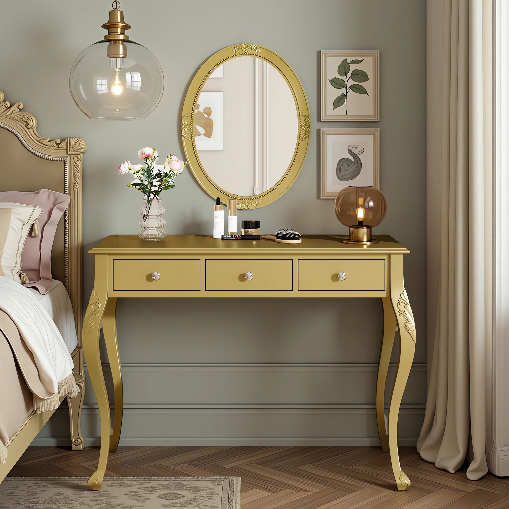 Latitude Run® 39.4"W Makeup Vanity Desk With Oval Mirror, 3-Drawer ...