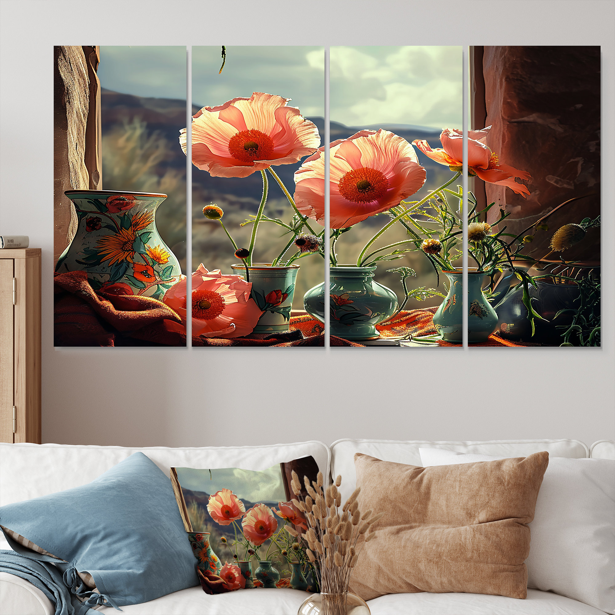 Design Art Red Poppies Blue Vase Window View - Poppy Wall Art Decor 4 ...