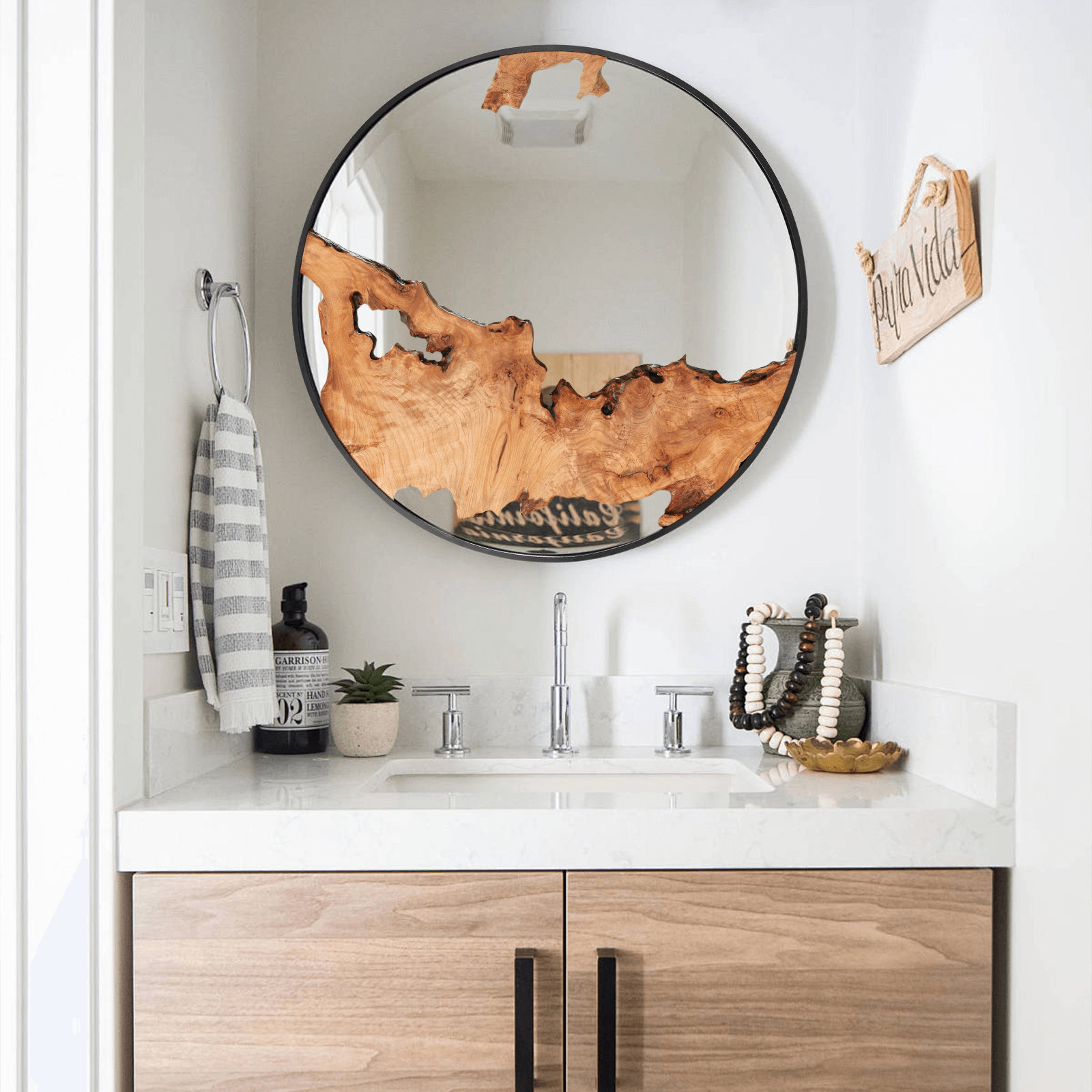 Ophelia & Co. 28" Round Wall Mirror With Natural Wood Accent, Rustic ...
