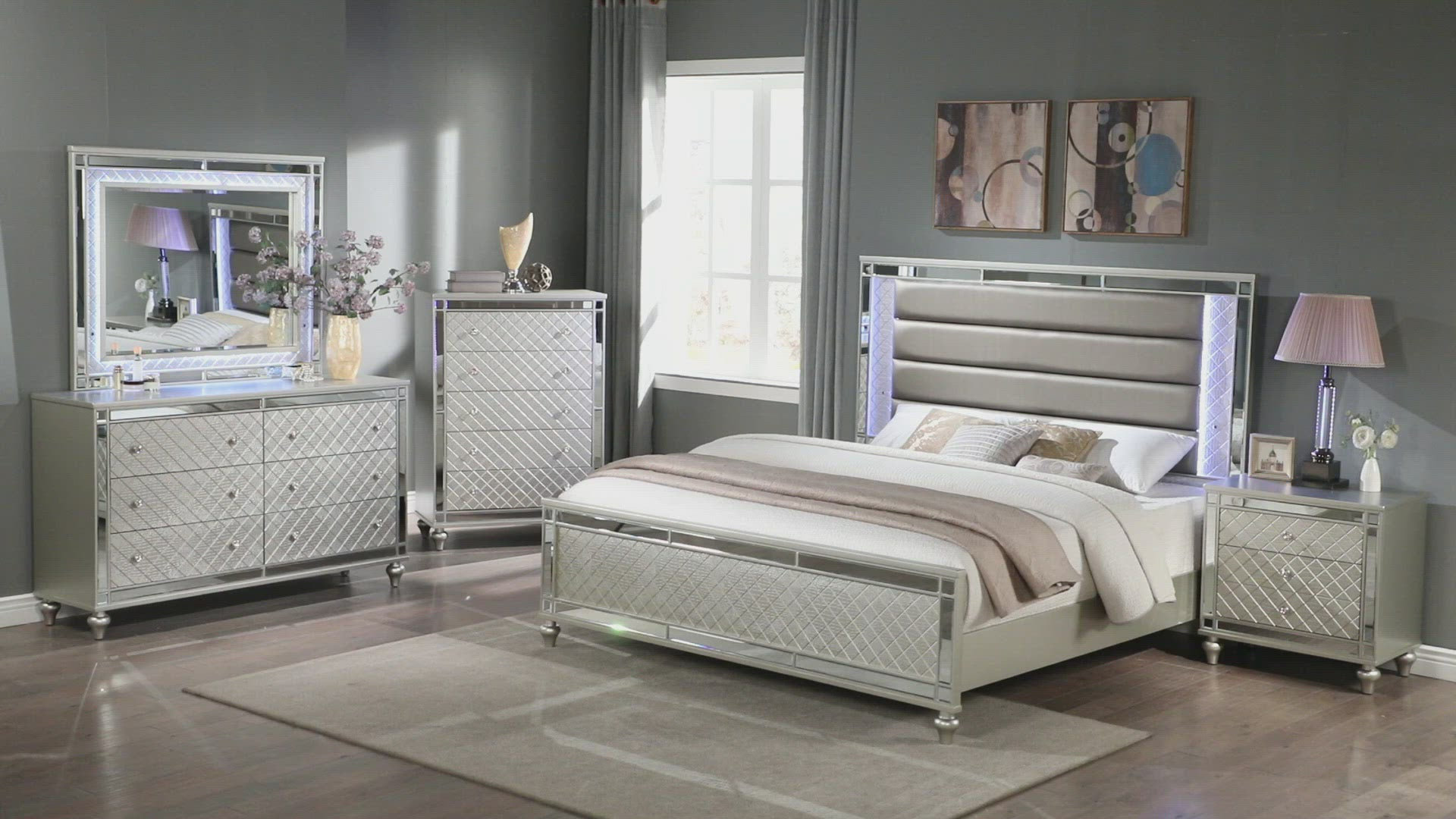 Rosdorf Park Henery Champagne LED Upholstered Panel Bedroom Set Special ...