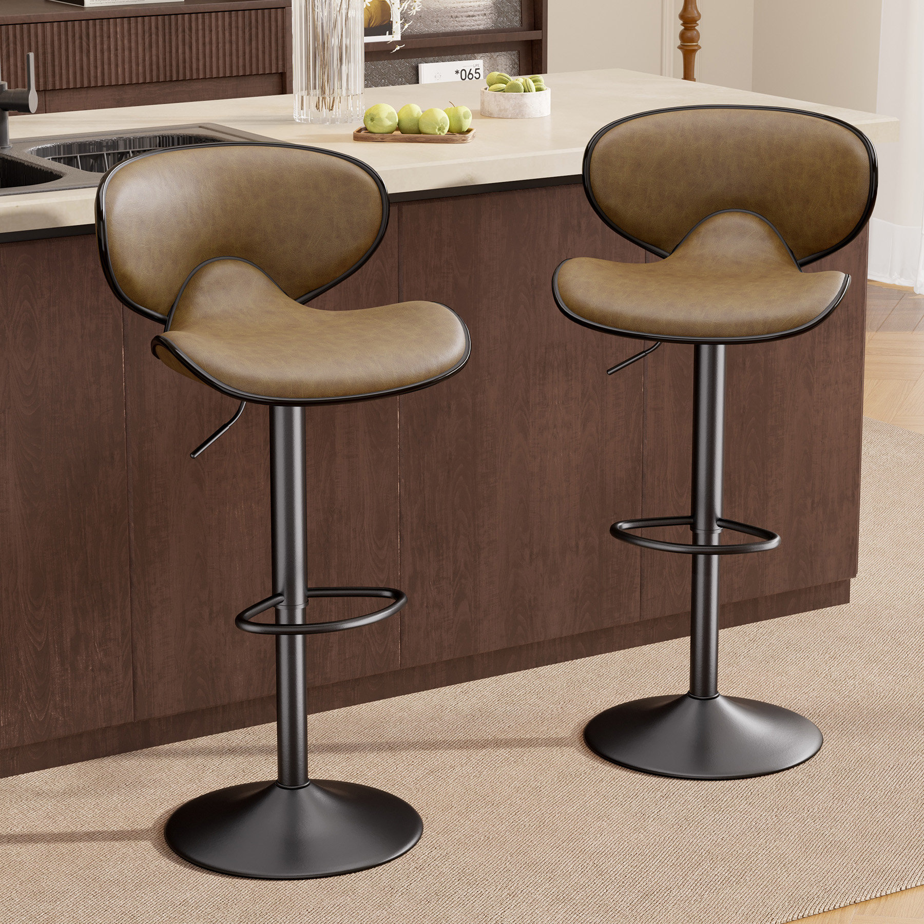 George Oliver Set Of 2 Modern Faux Leather Adjustable Bar Stools With ...