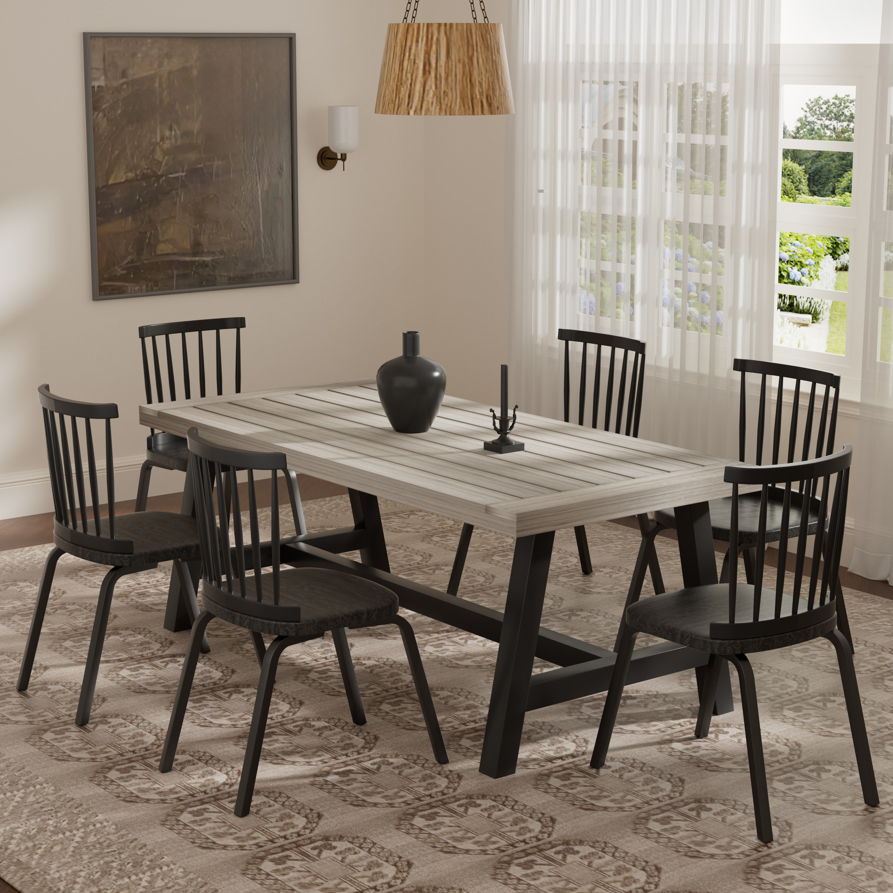Gracie Oaks Farmhouse Rectangle Dining Set with Mid-century Windsor ...