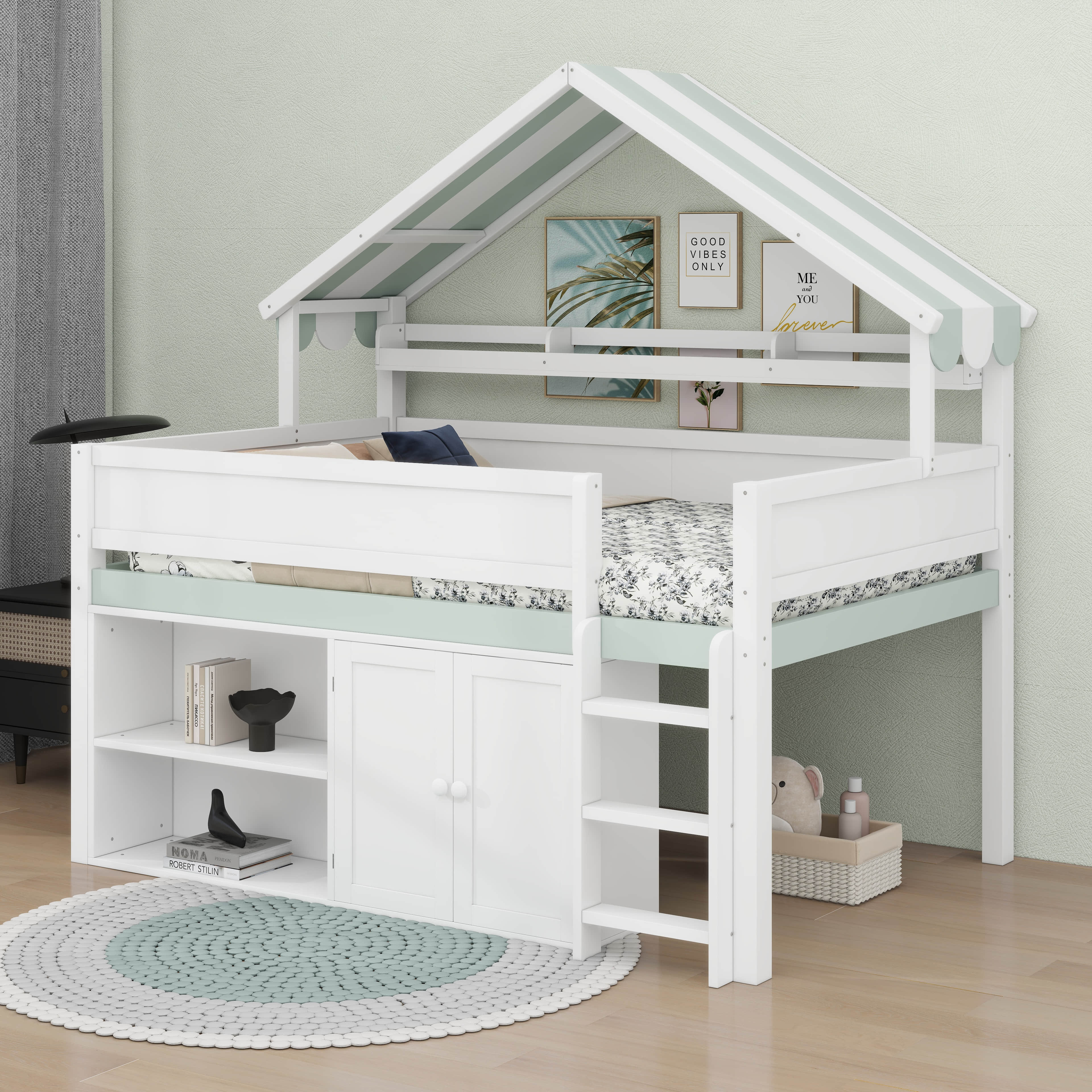 Ophelia & Co. Full Size Loft Bed With Canopy Roof And Storage Cabinet ...
