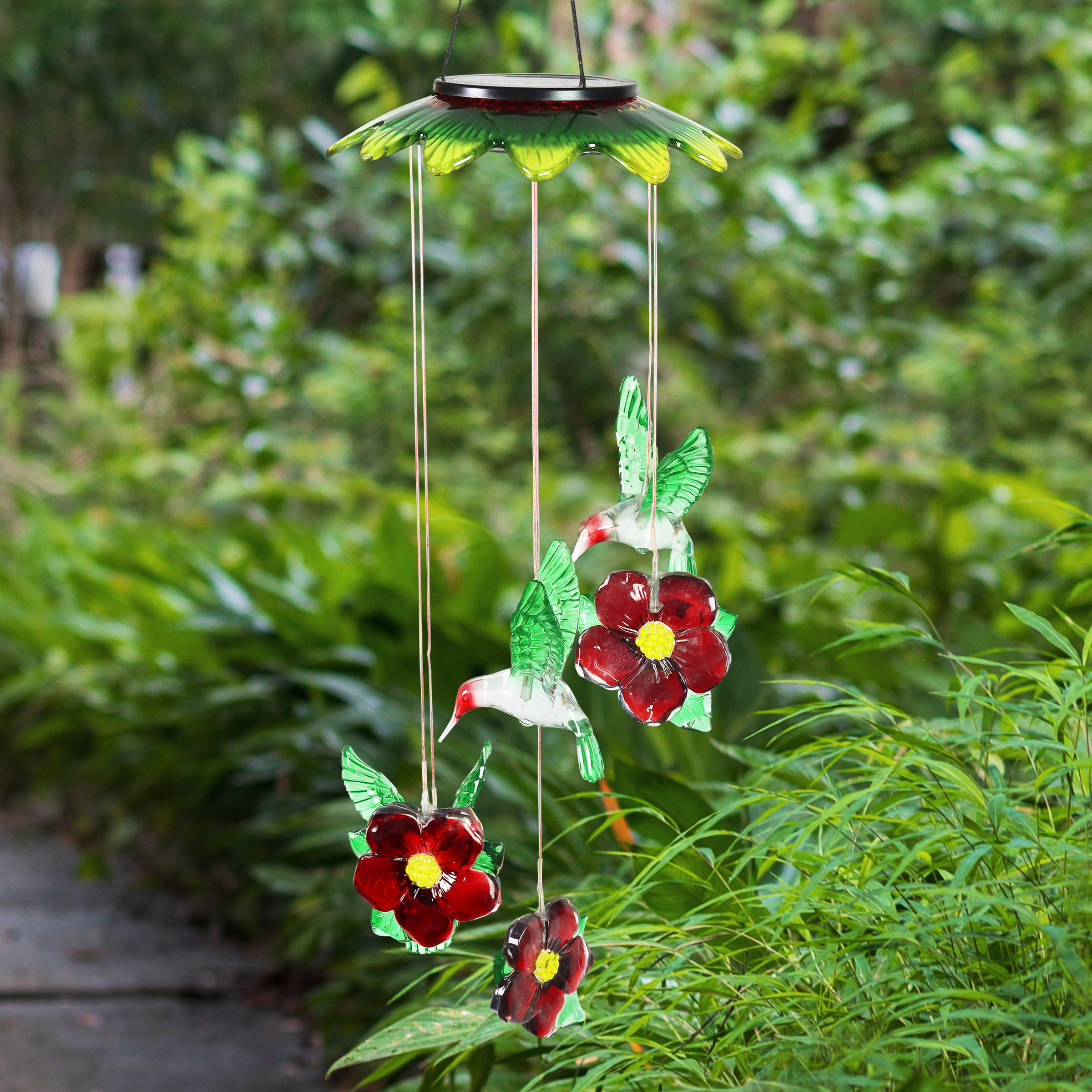 Exhart Solar Hummingbirds and Flowers Hanging Mobile with 6 Colour ...