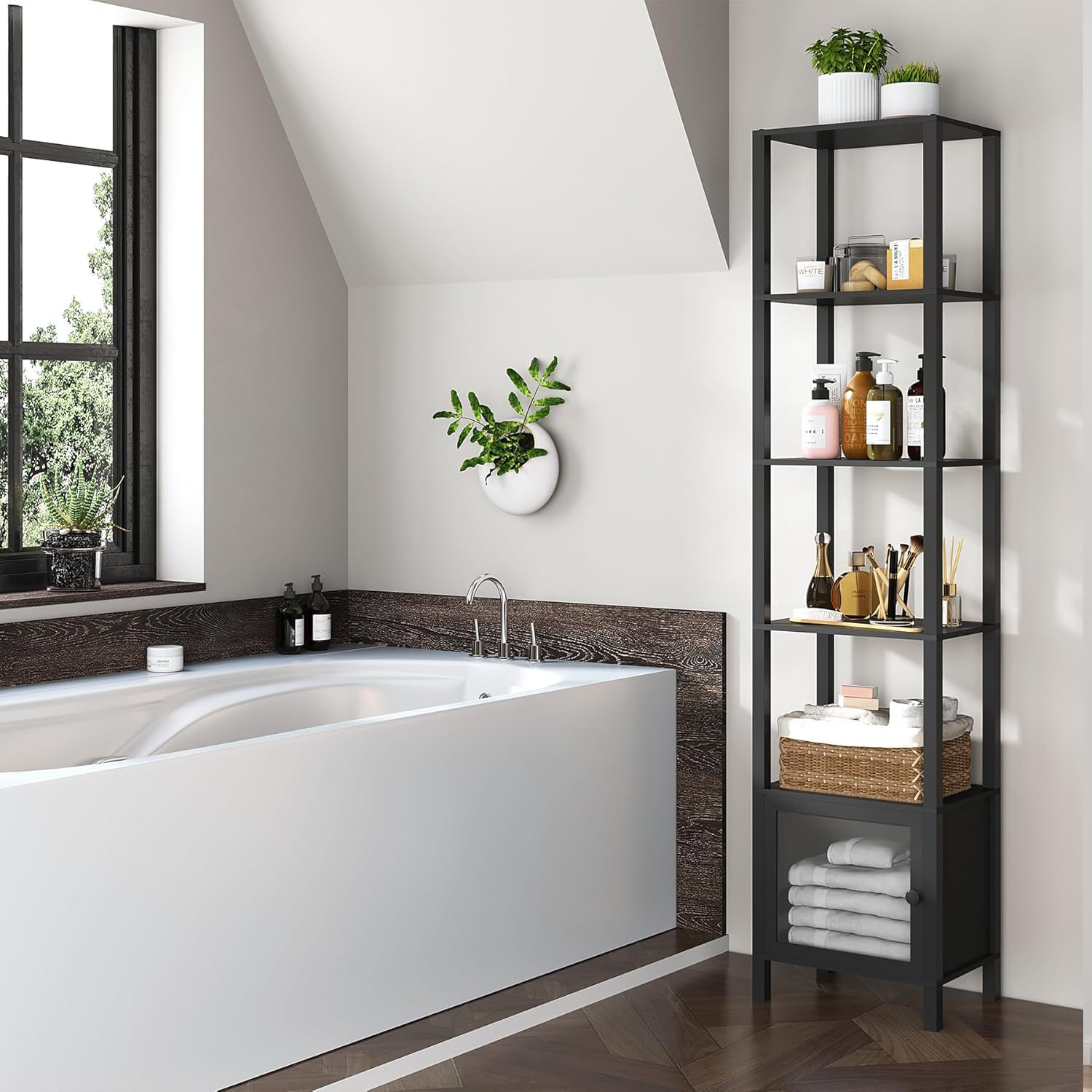 Latitude Run® 6 Tier Bookcase And Bookshelf Narrow Book Shelf With Door ...