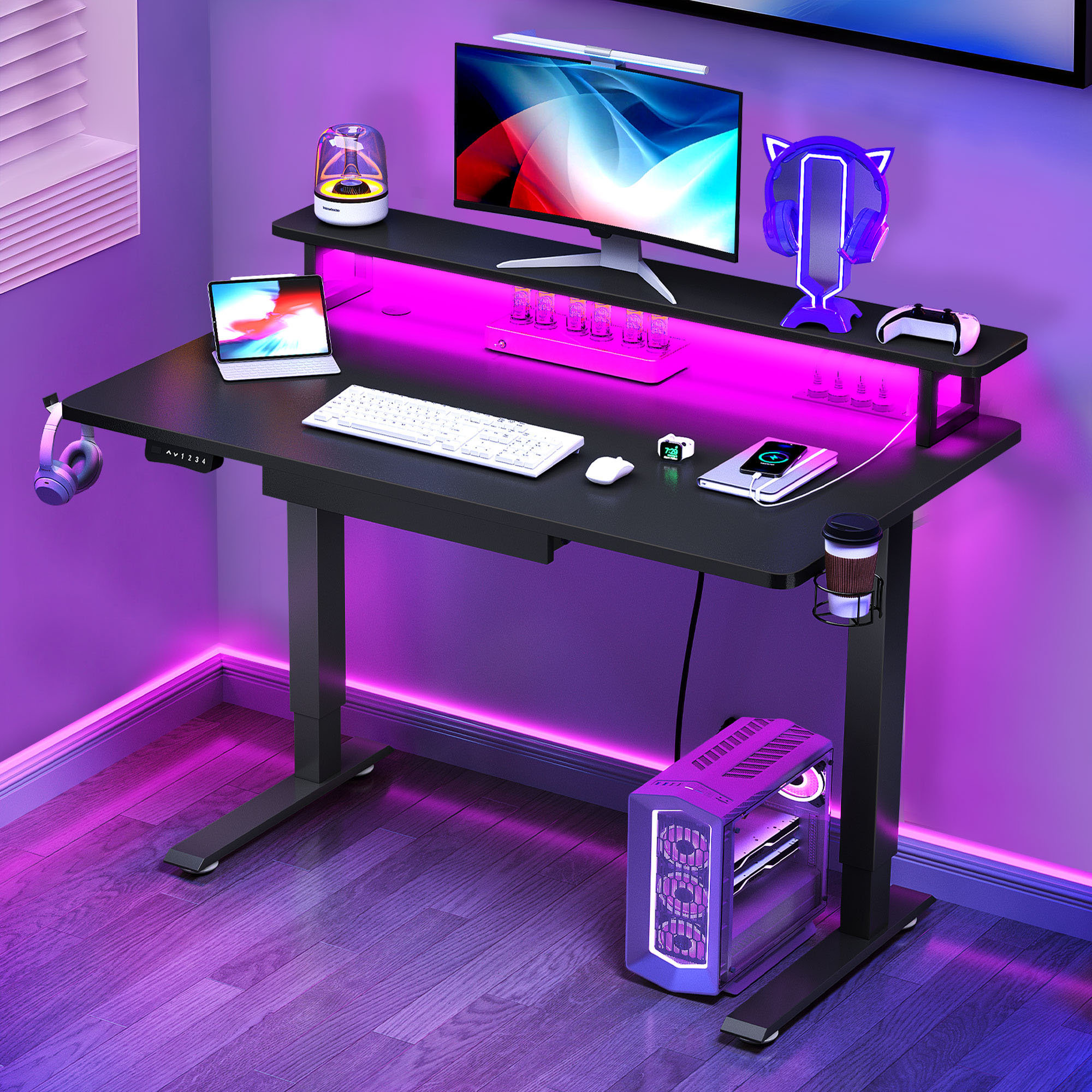 Wade Logan 47'' Electric Height Adjustable Standing Desk with LED Light ...