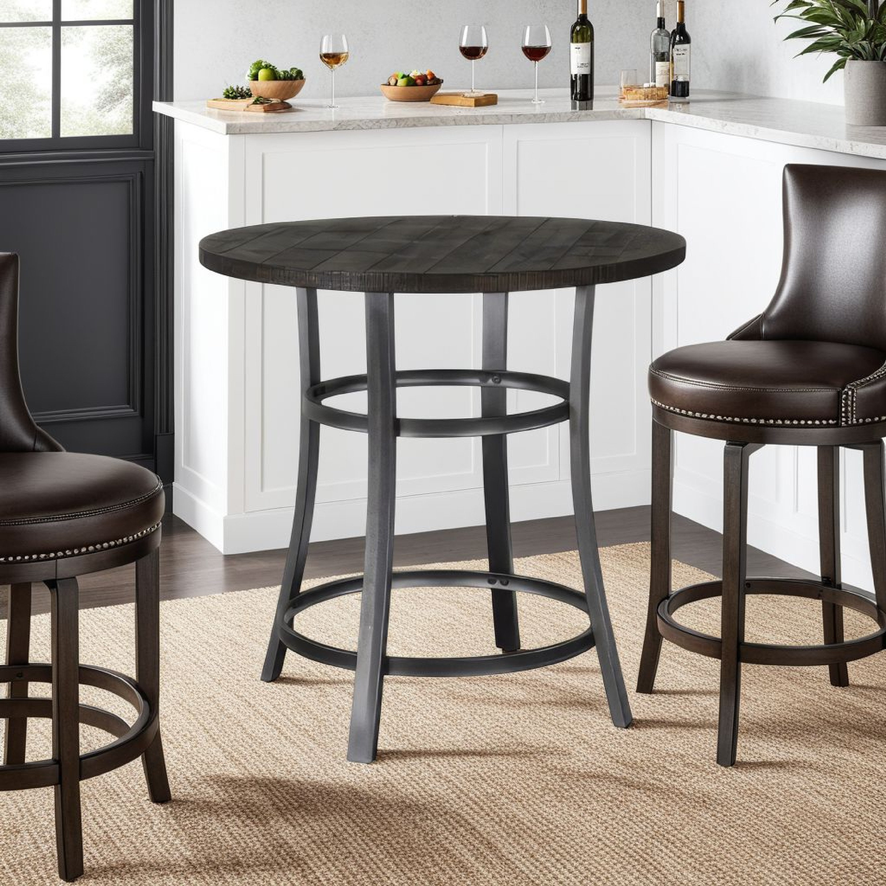 Benjara Flint Height Table Round 42 Inch, Dark Brown Mahogany Wood n ...