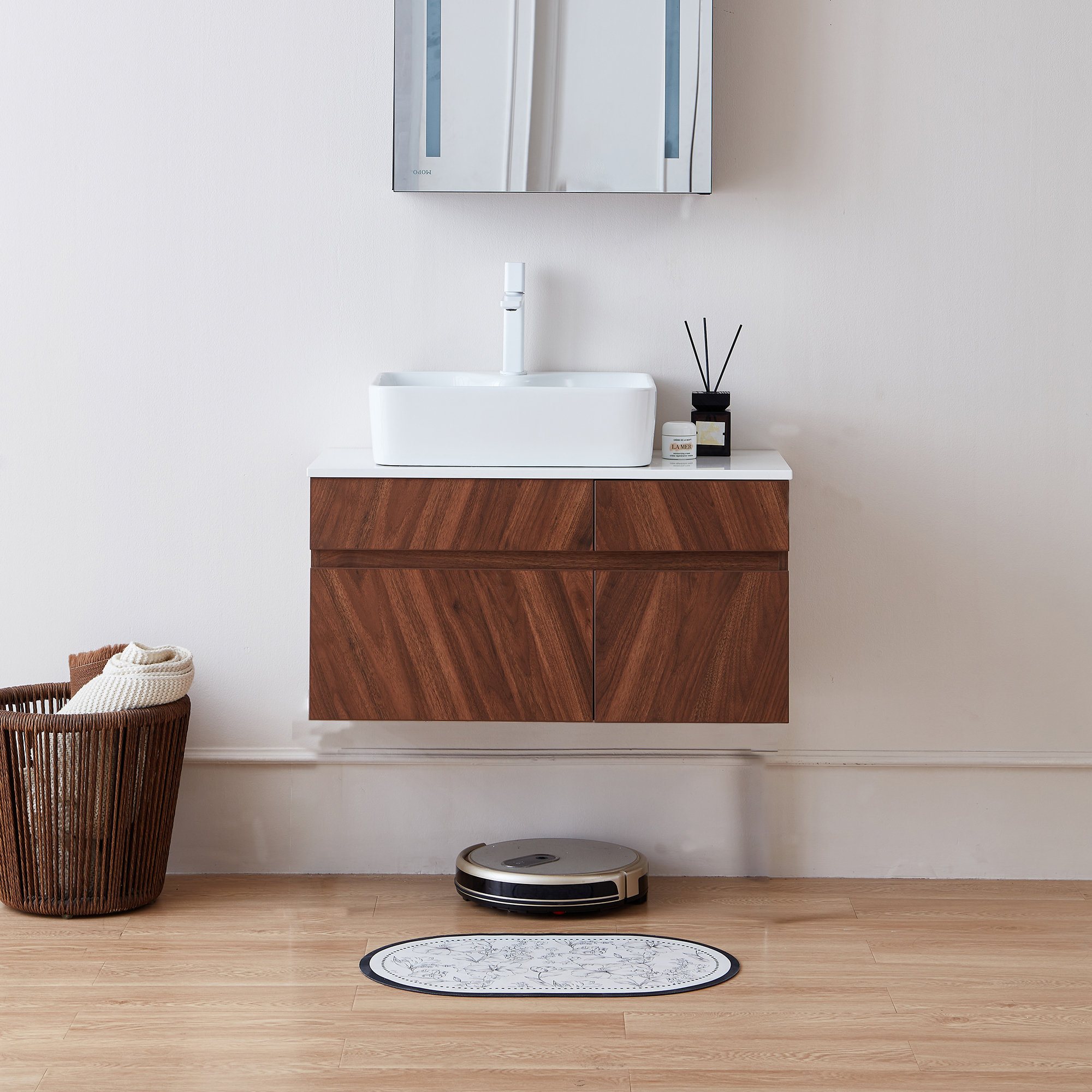 Ebern Designs 32" Modern Walnut Wall Mounted Single Bathroom Vanity Set ...