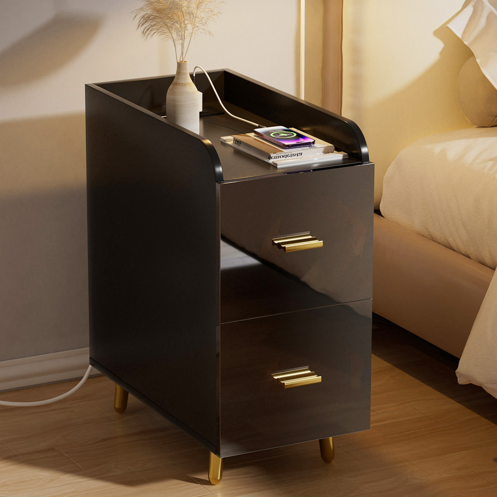 Mercer41 Wood Night Stand LED Light Charging Station Small Nightstand ...