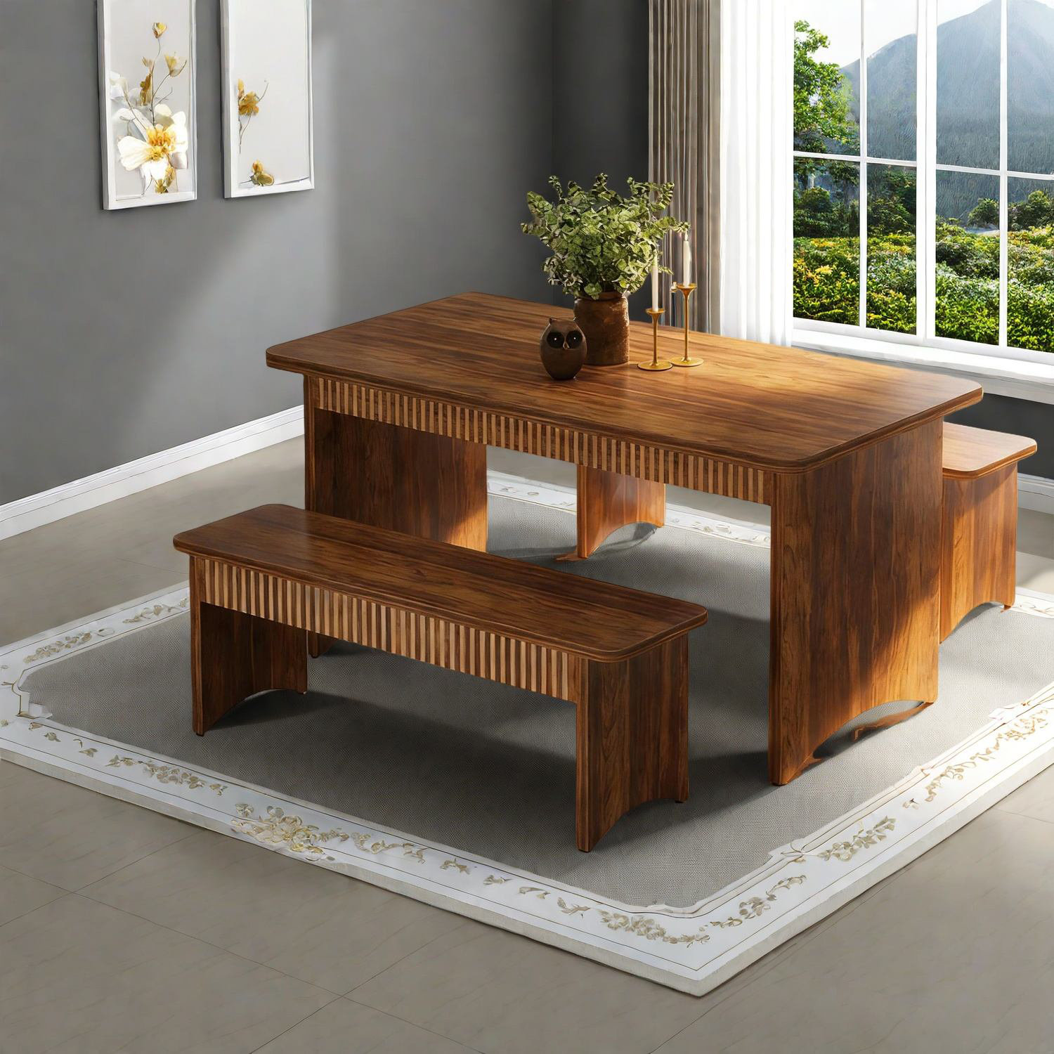 August Grove Spacious Farmhouse Dining Table Sets, Walnut Wood Finish ...