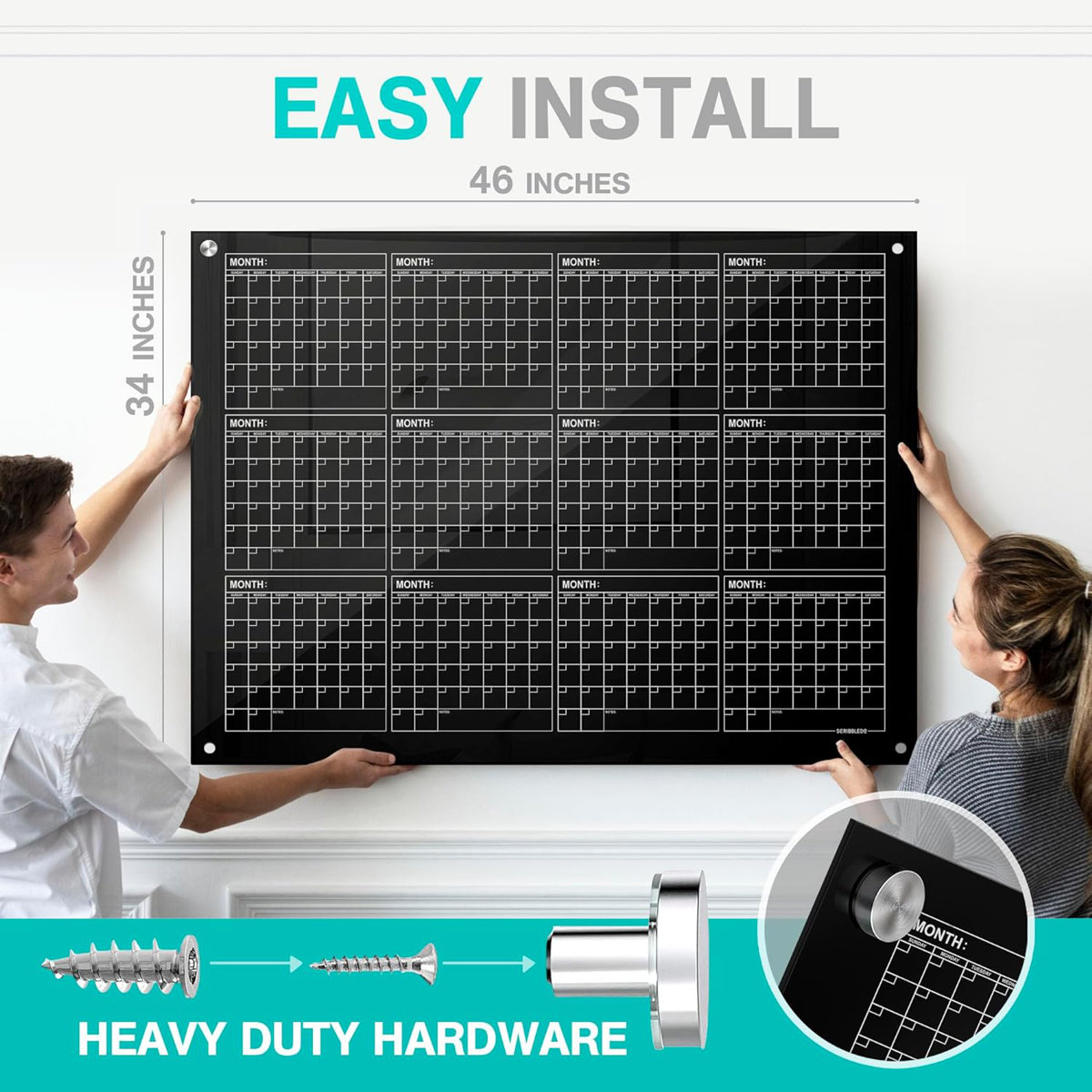 Scribbledo Black Magnetic 34”x46” Glass Whiteboard Yearly Calendar ...