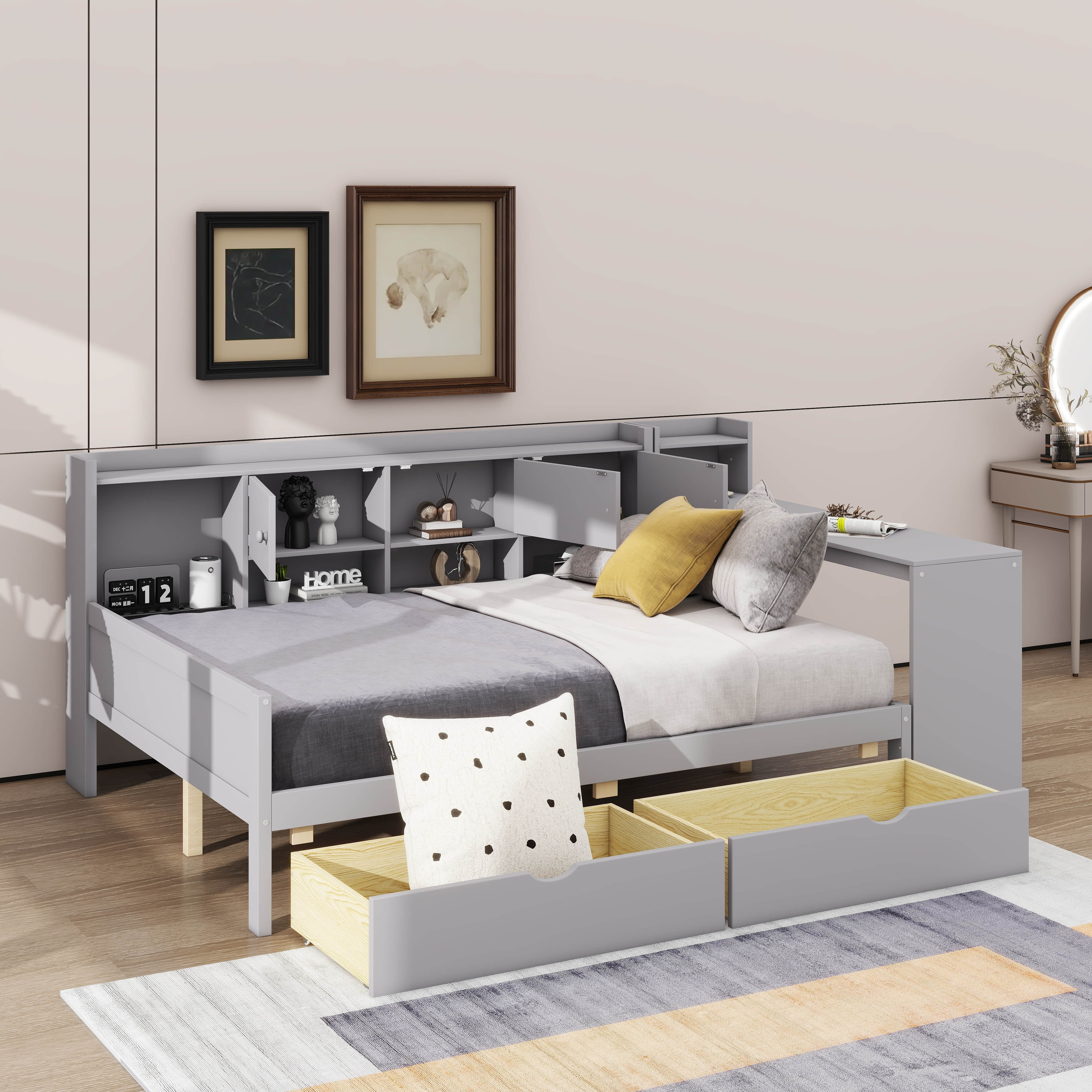 Latitude Run® Wooden L-Shaped Daybed with Seven Storage Cabinets and ...