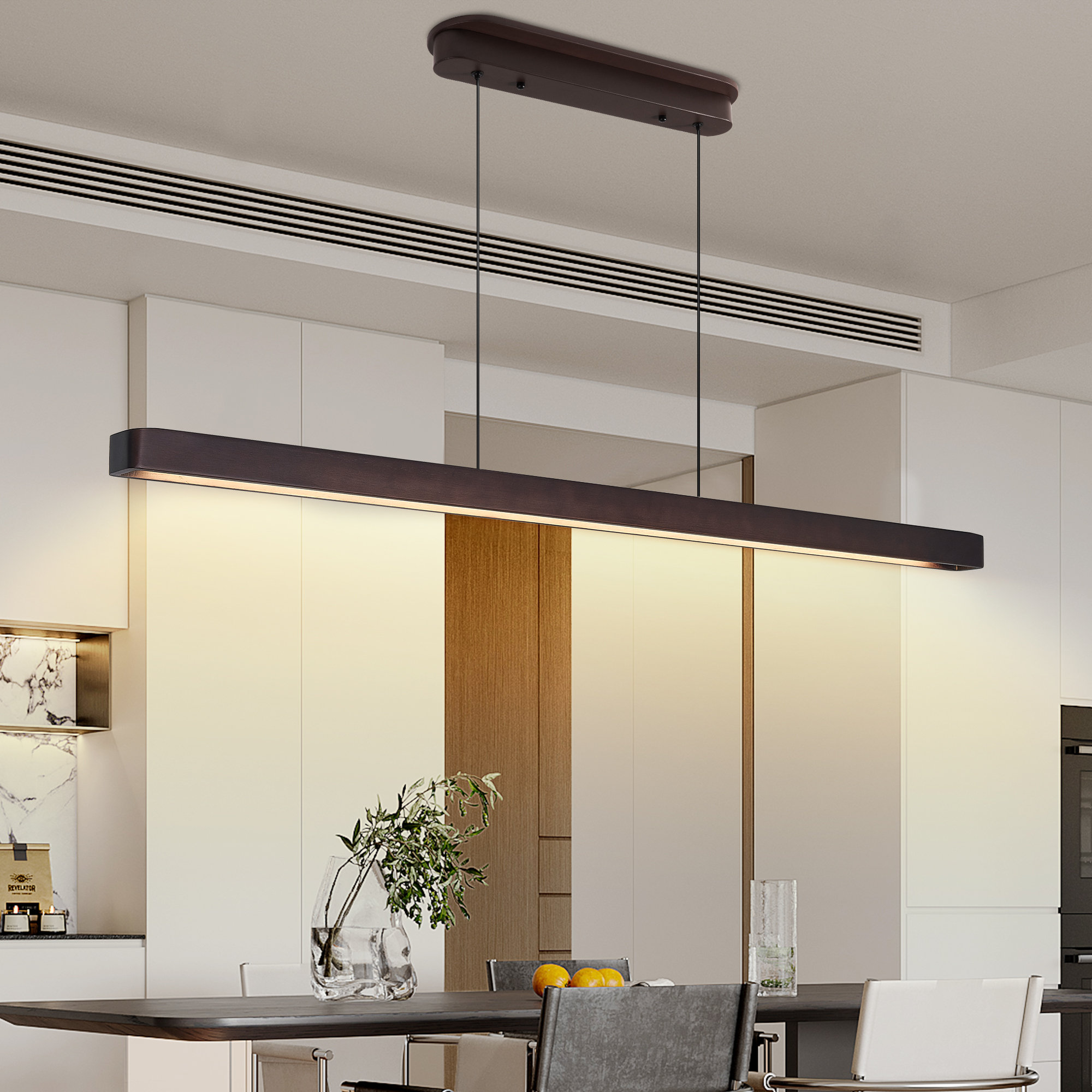 Ivy Bronx Walnut Finish LED Chandelier With Adjustable Height & Remote ...
