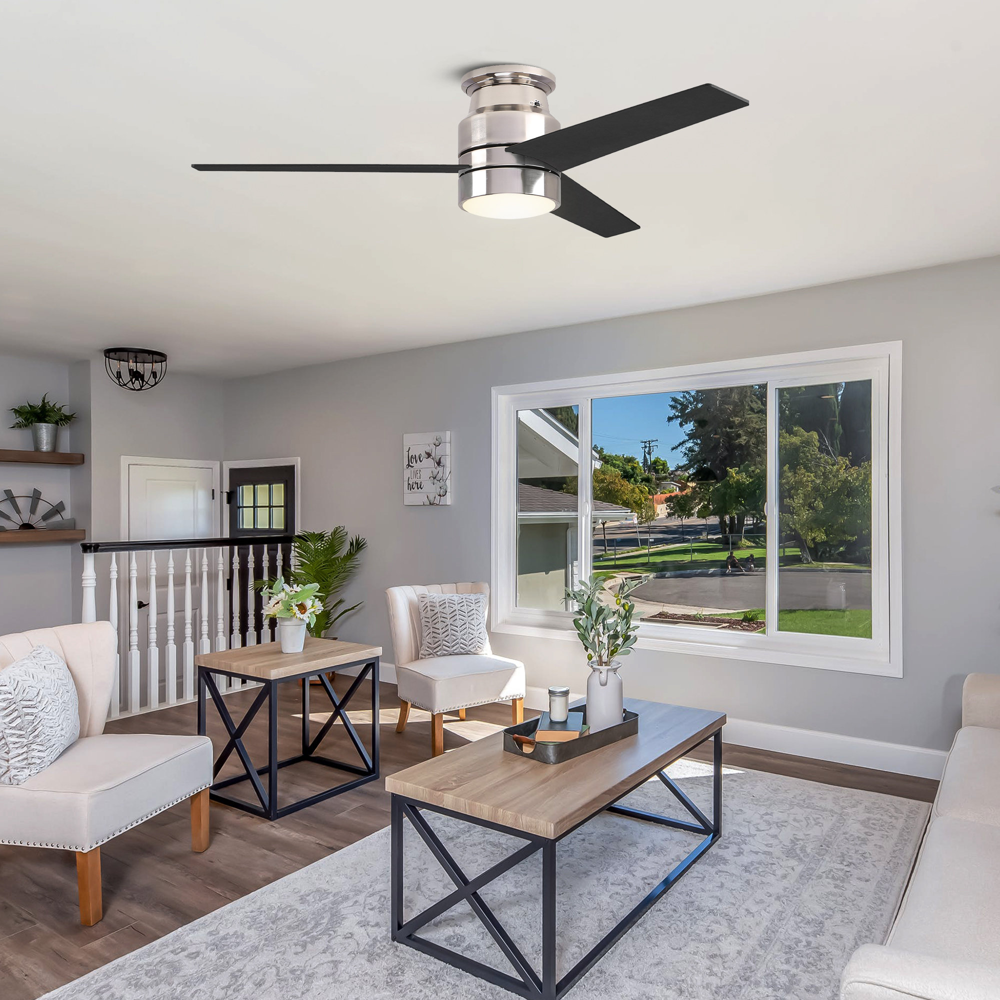 Latitude Run® 52" Gearldean 3 - Blade LED Smart Flush Mount Ceiling Fan ...