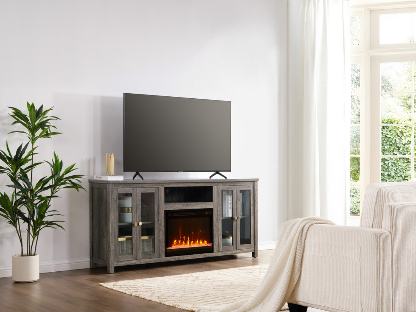 Latitude Run® Ellington 70"W White Walnut Finish Fireplace TV Stand ...