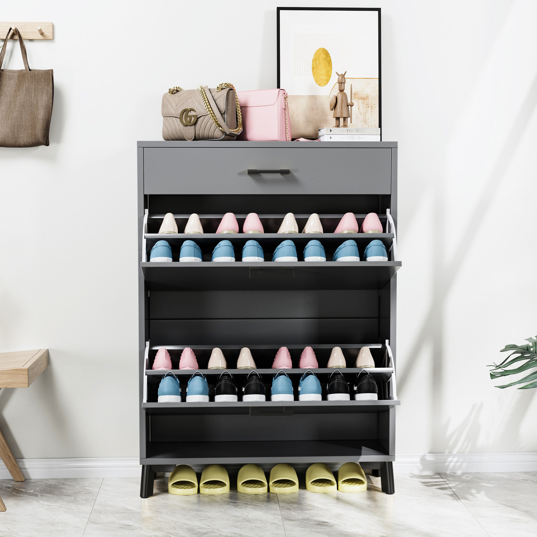 George Oliver Gray Shoe Bin Cabinet - 2 Flip Drawers, Space Saving ...