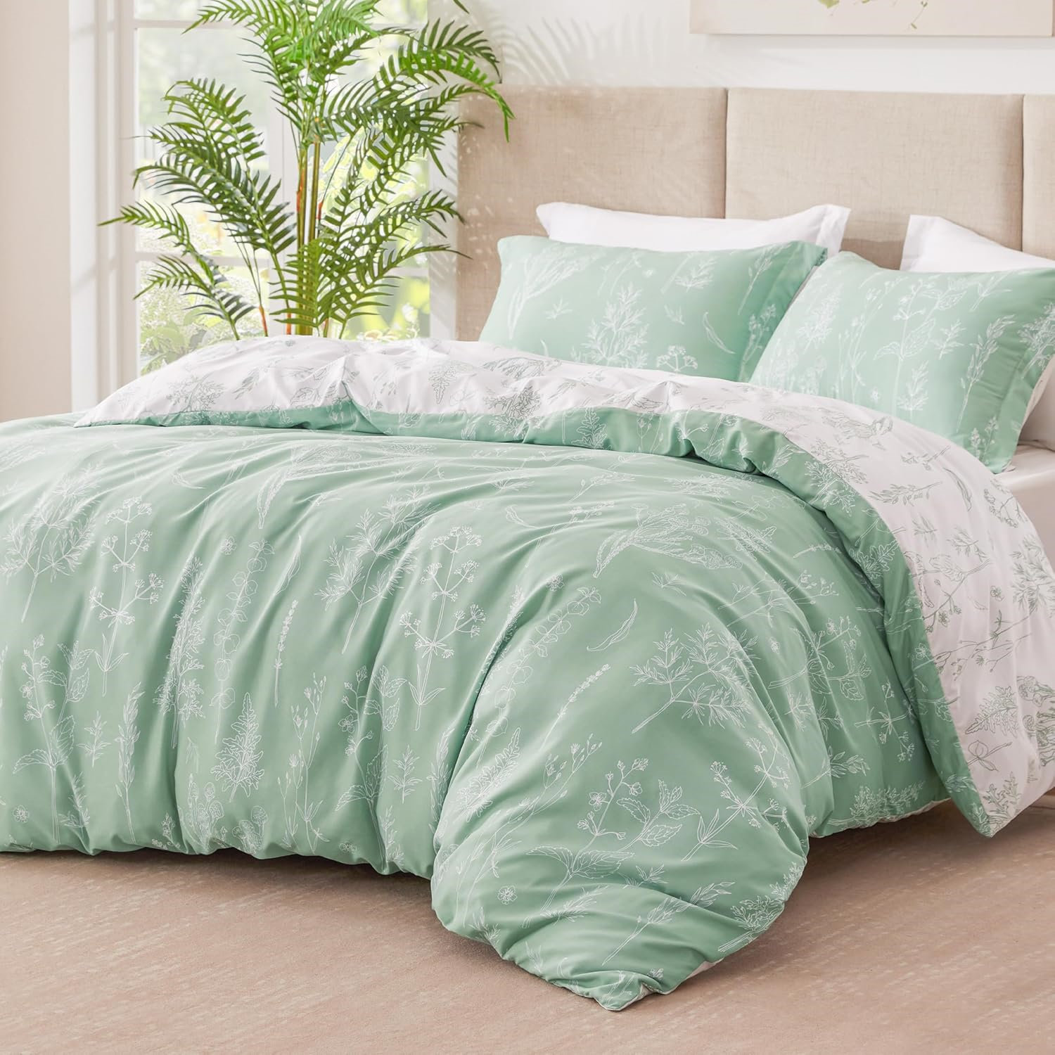 Home Moderne-N 3 Pieces Queen Size Bedding Set For All Seasons,Soft Cute Sage Floral Reversible ...