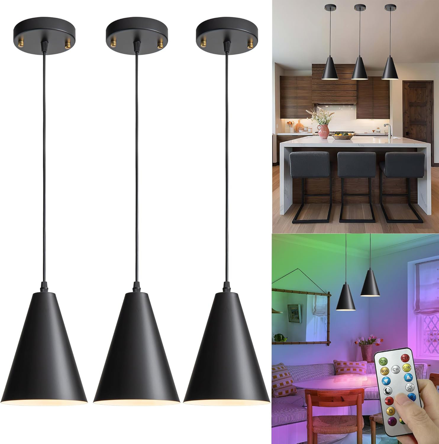 Ivy Bronx Wireless Pendant Light With Remote Control, 3-Pack ...