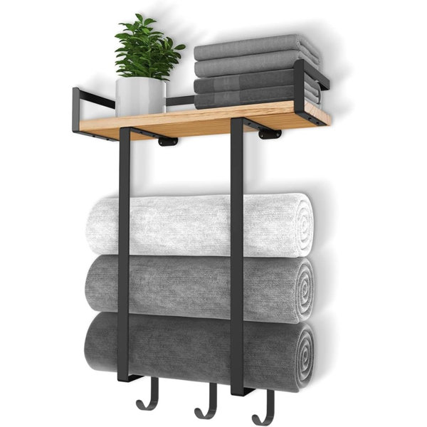 VENOPU Bath Towel Holder With Wooden Shelf Wall Towel Storage Organizer ...
