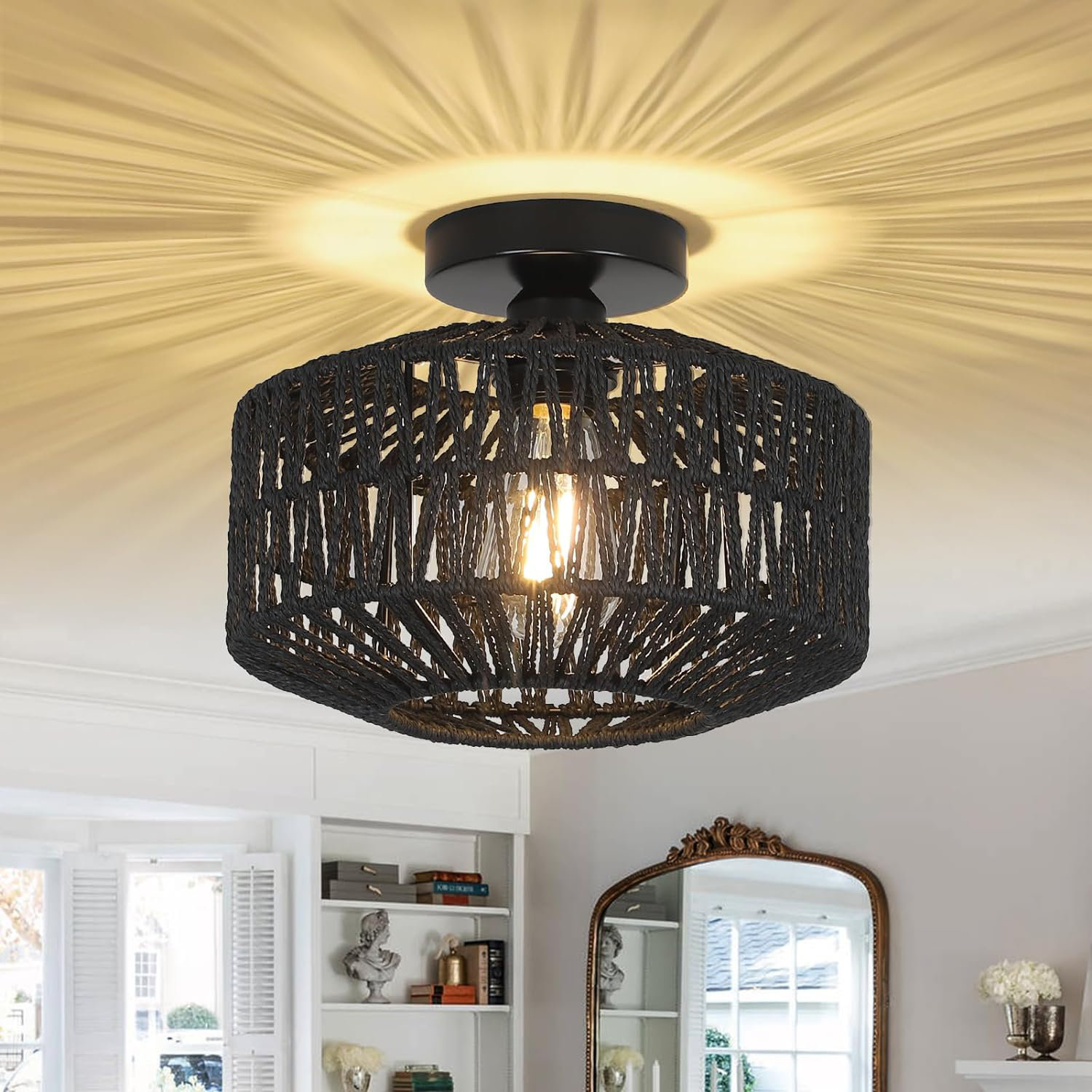 Bay Isle Home™ Hand-Woven Rattan Ceiling Light Fixture With Dimmable ...