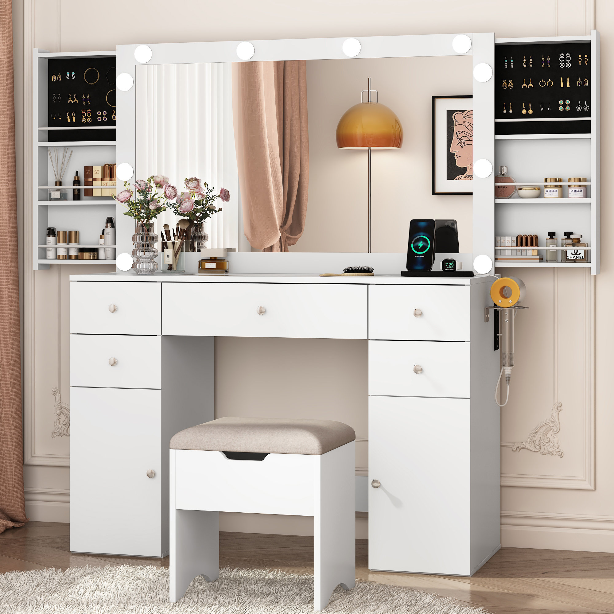 Ebern Designs Makeup Vanity Set with Lighted Mirror, Tempered-glass Top ...