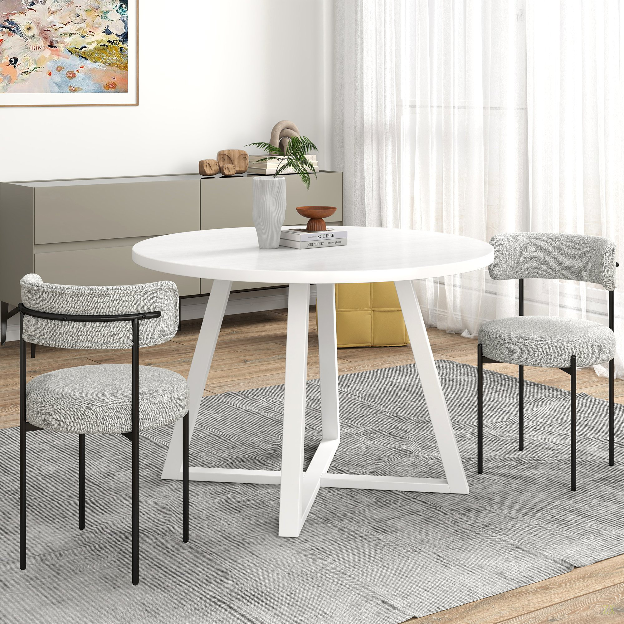 Latitude Run® 3-Piece Round Dining Set, Trestle Dining Table With 2 Boucle Chairs | Wayfair